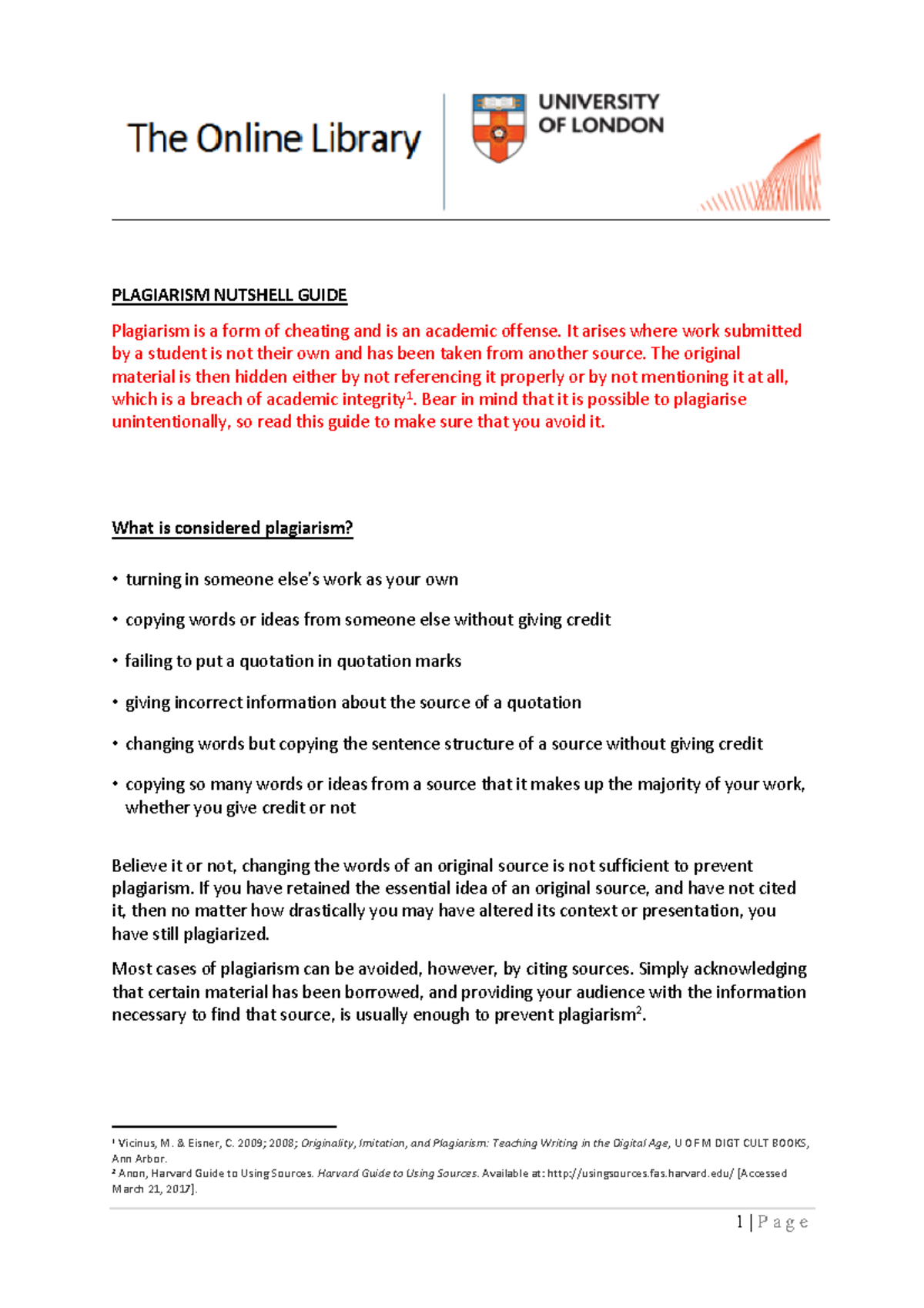 Plagiarism- Final - PLAGIARISM NUTSHELL GUIDE Plagiarism is a form of ...