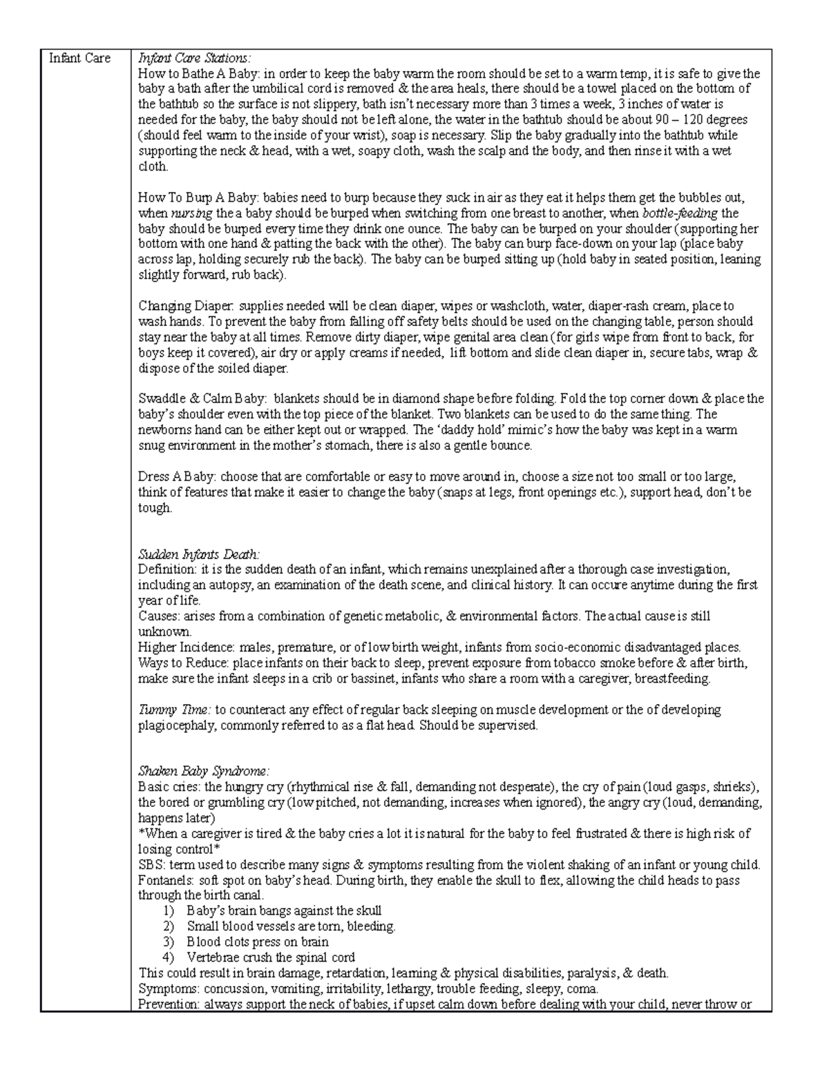 Child Development Study Sheet (unit 2) - Infant Care Infant Care ...