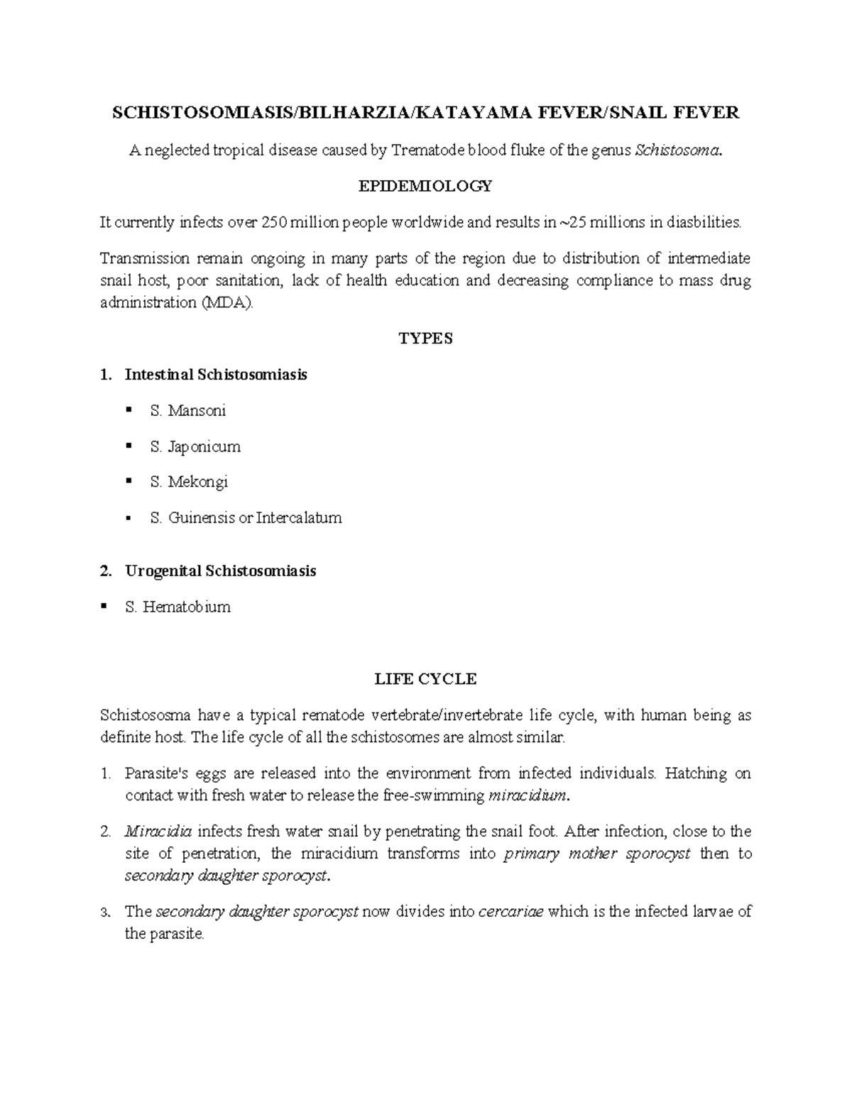 Schistosomiasis - chn - SCHISTOSOMIASIS/BILHARZIA/KATAYAMA FEVER/SNAIL ...