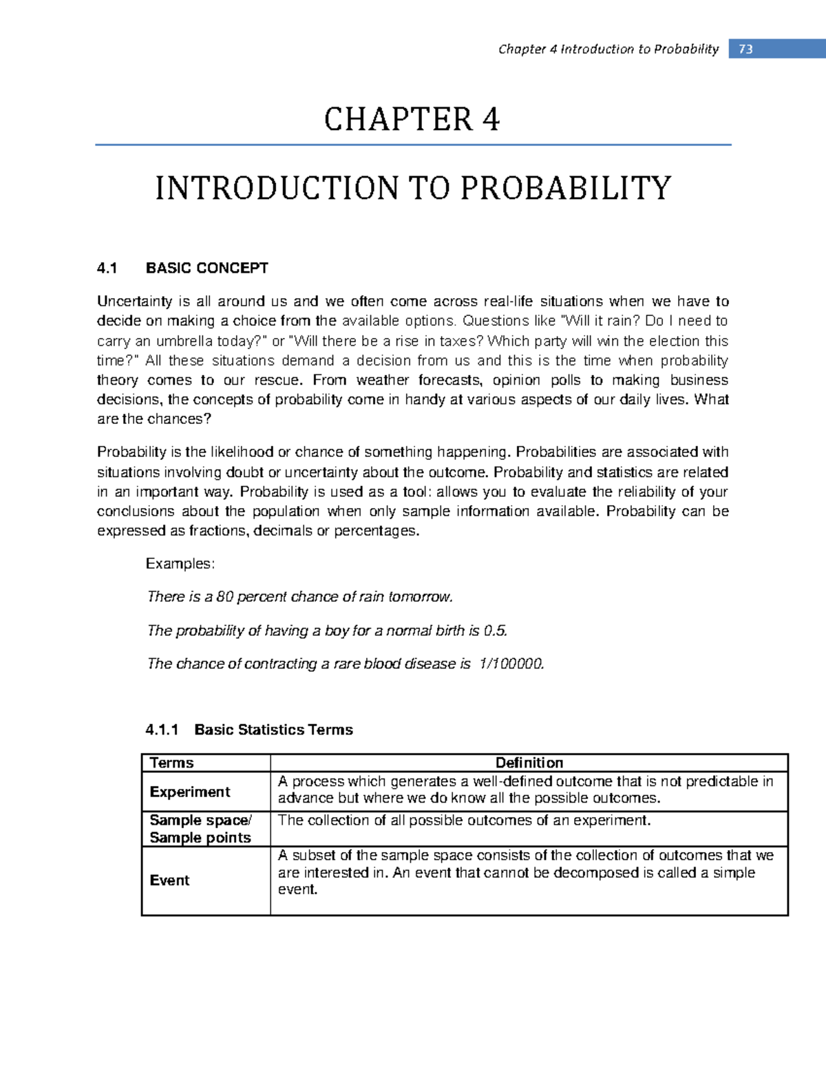 STA108 Chapter 4 (Edited) - CHAPTER 4 INTRODUCTION TO PROBABILITY 4 ...