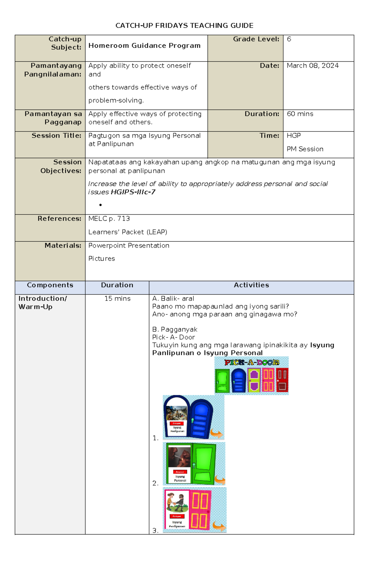 CUF PM HGP DLL - Homeroom Guidance for Catch Up Fridays - CATCH-UP ...