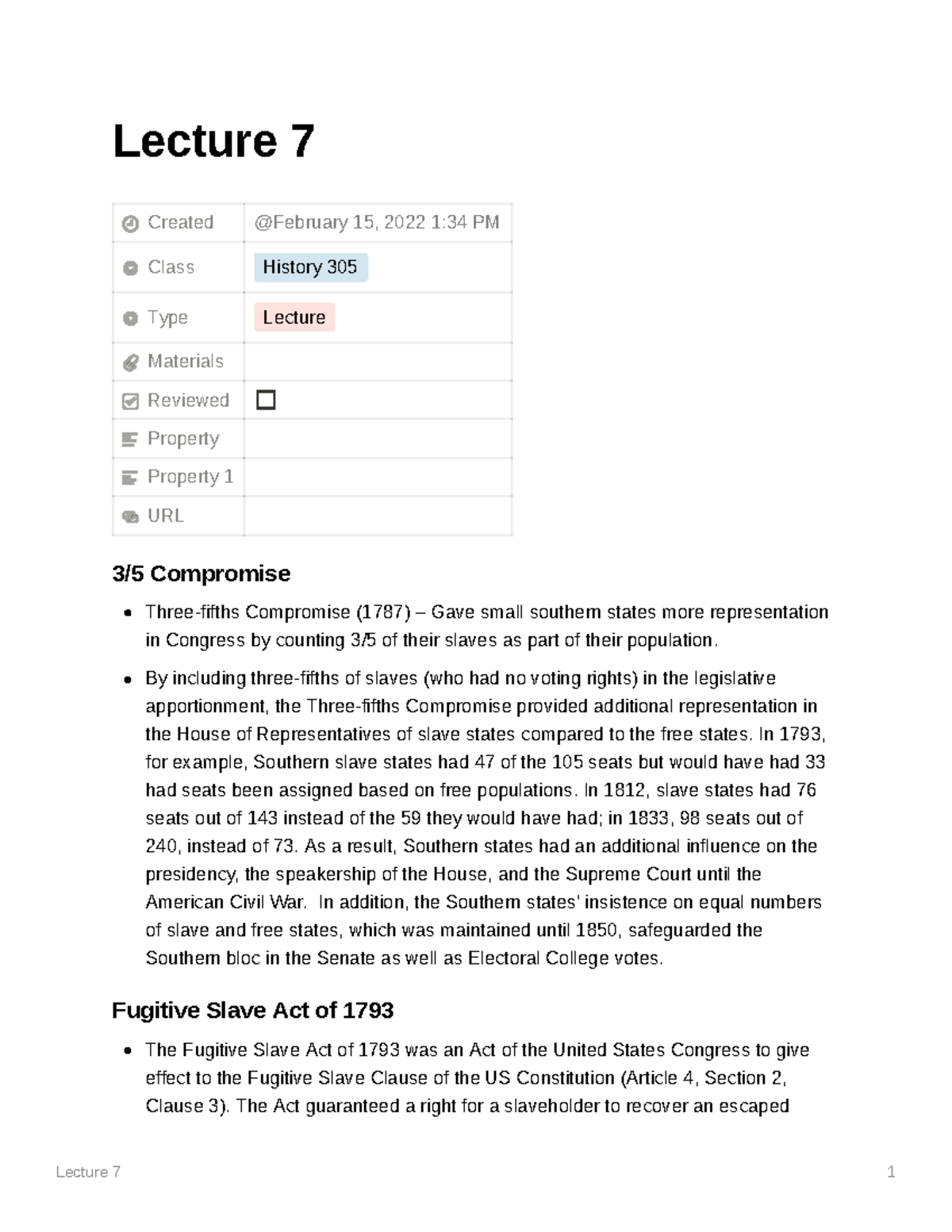 Hist Lecture 7 - Lecture 7 Created Class History 305 Type Lecture Materials Reviewed Property ...