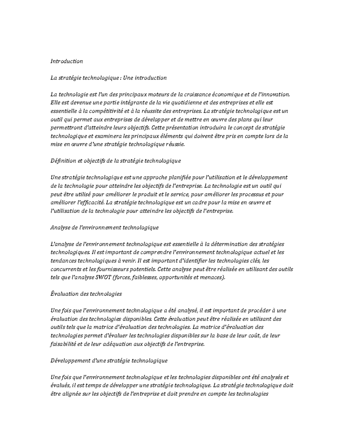 Technology Strategy note study - Introduction La stratégie ...