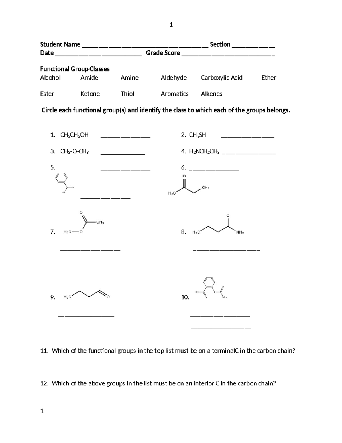 Organic Worksheet 3 Functional Groups and Alcohols, Spring 2024 (March ...