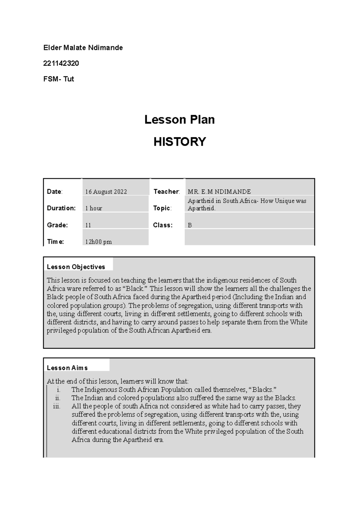 FSM- TUT - Elder Malate Ndimande 221142320 FSM- Tut Lesson Plan HISTORY ...