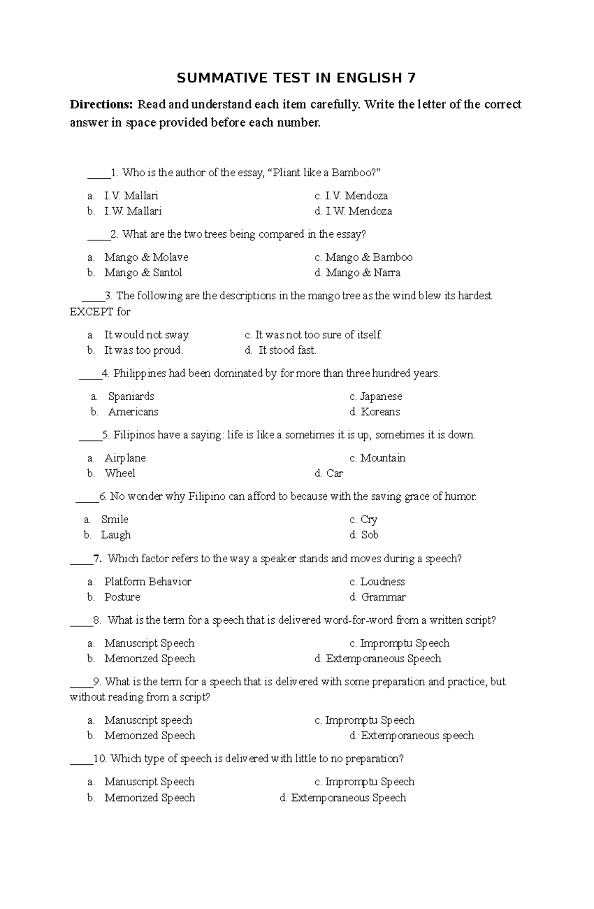 Final Summative - references - SUMMATIVE TEST IN ENGLISH 7 Directions ...