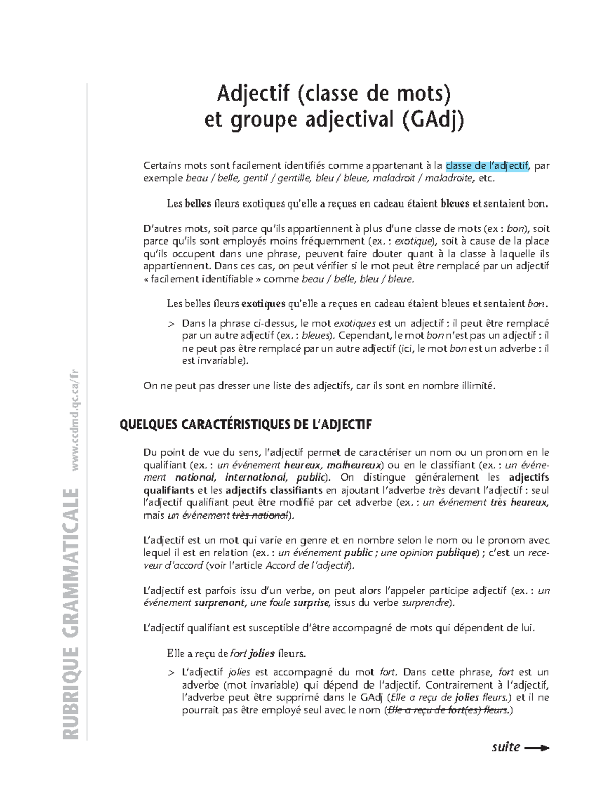 4 Adjectif - cours complet - 1 RUBRIQUE GRAMMATICALE ccdmd.qc/fr ...