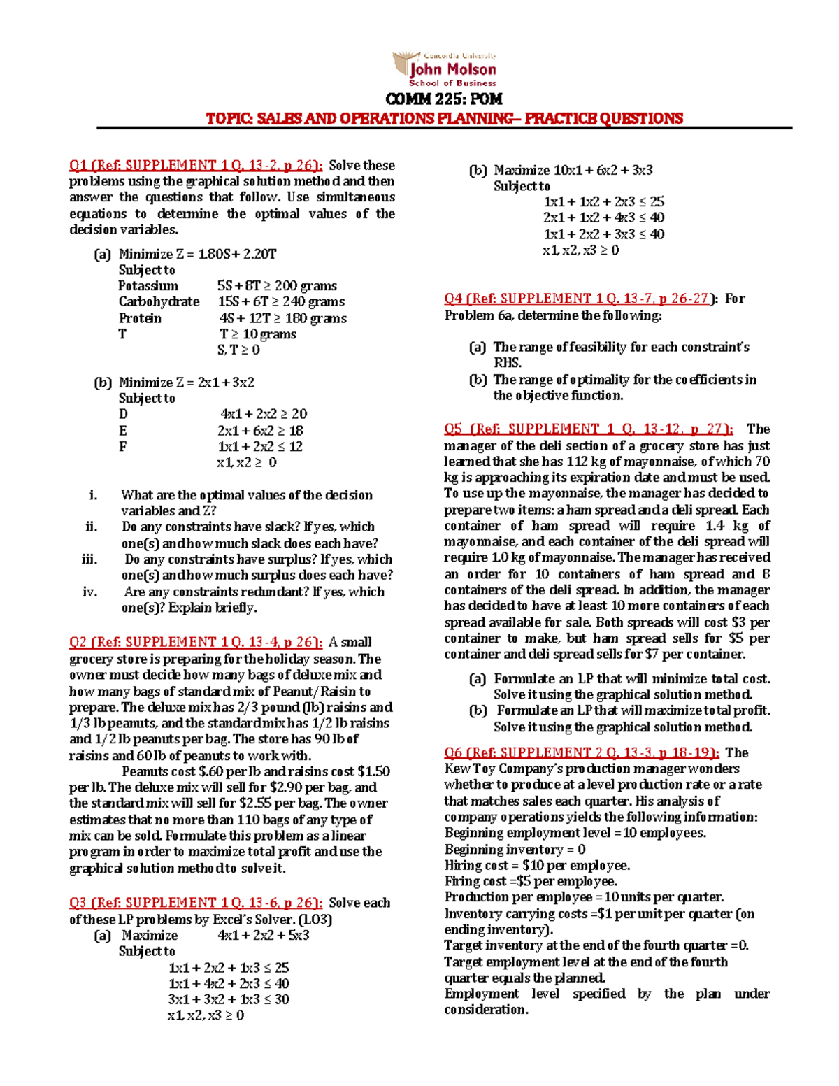 COMM 225 Tutorial 11 Notes - COMM 225: POM TOPIC: SALES AND OPERATIONS ...