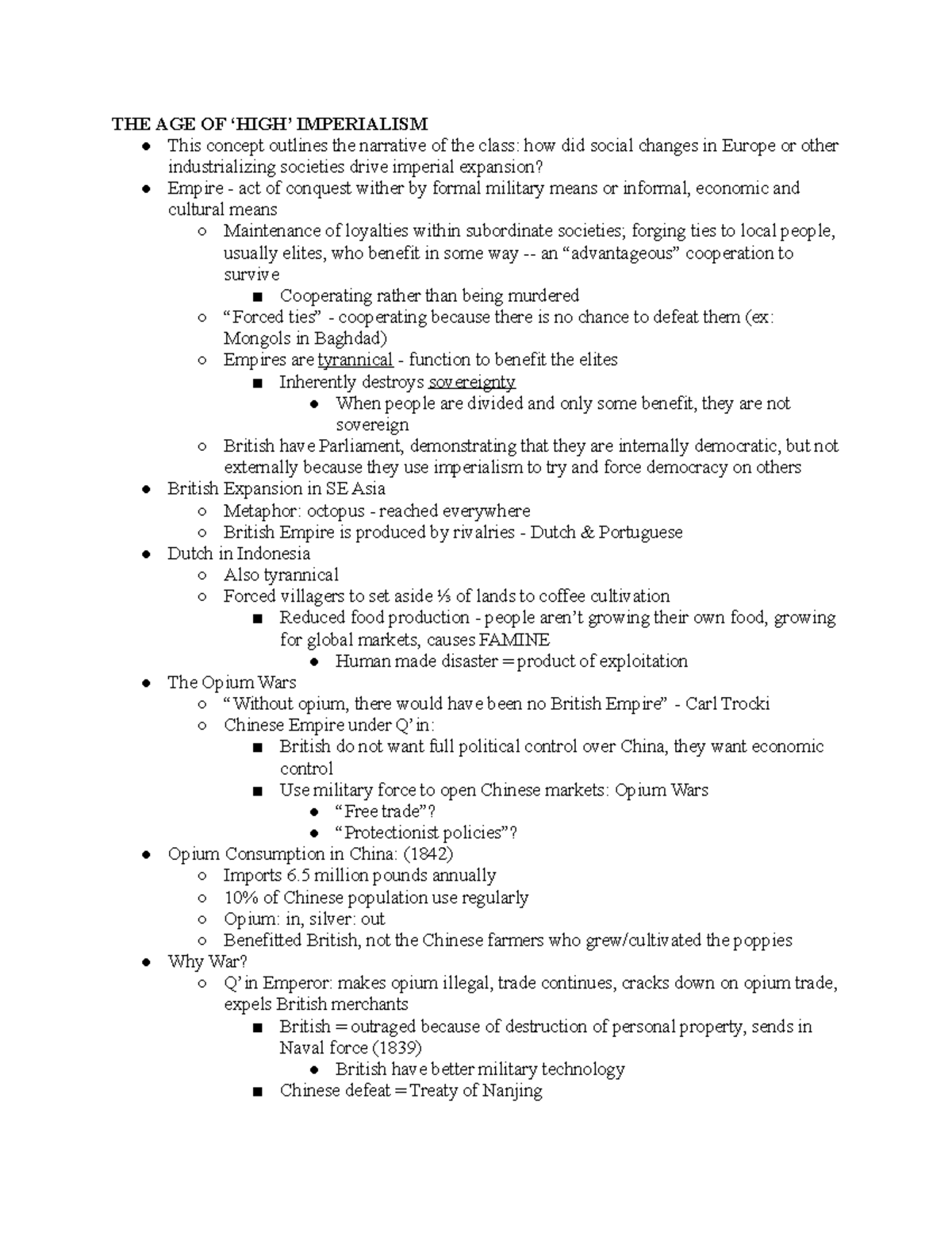 Lecture Notes The Age of High Imperialism - THE AGE OF ‘HIGH ...