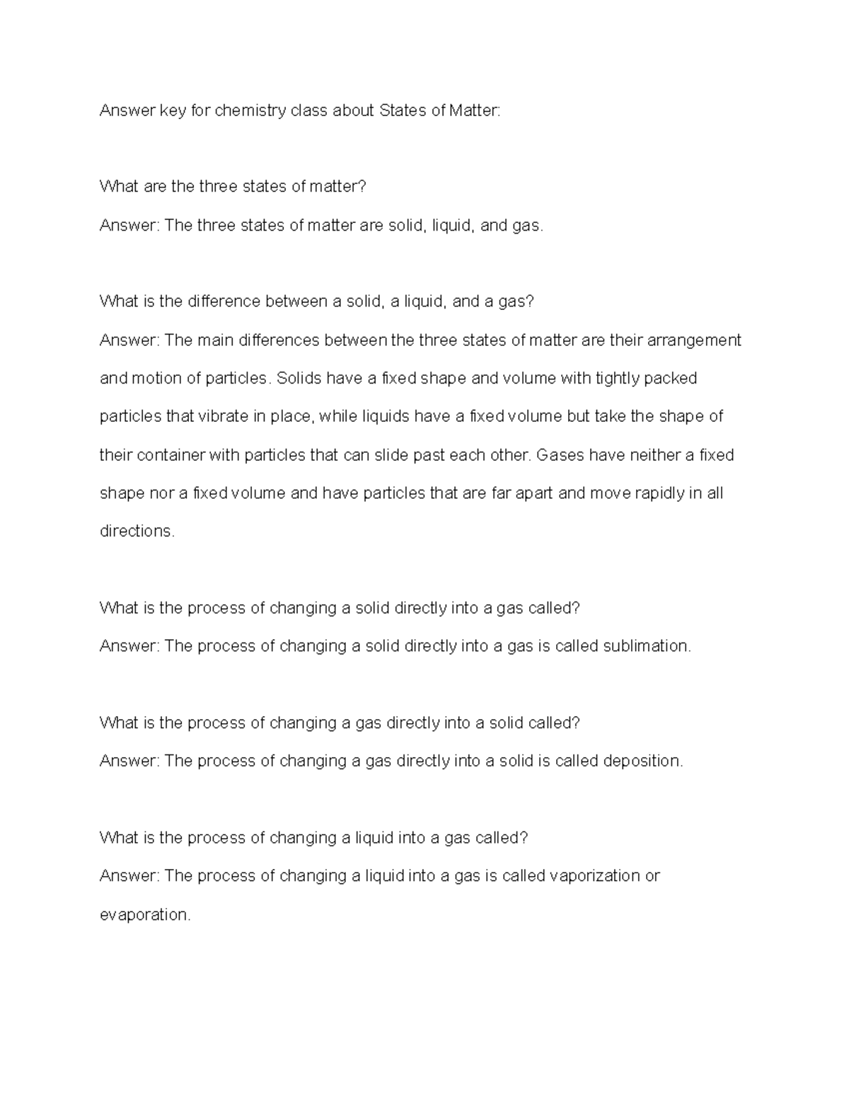 Answer key for chemistry class about States of Matter - What is the ...