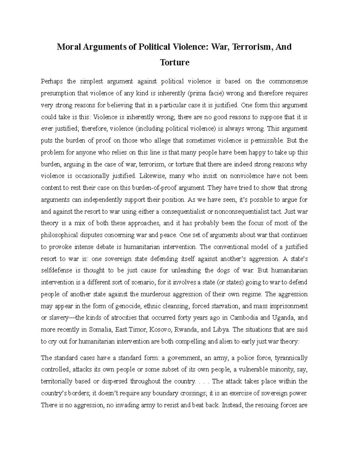Moral Arguments of Political Violence-War, Terrorism, And Torture - One ...