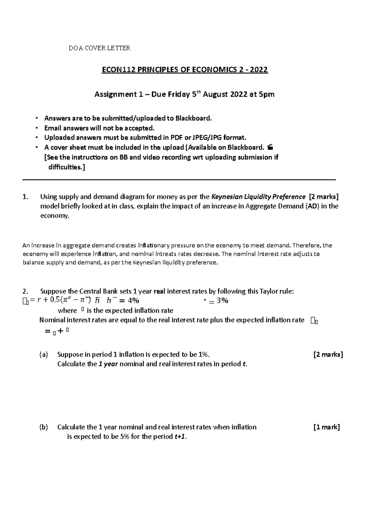 Econ 112 2022 - Assignment 1 - DO A COVER LETTER ECON112 PRINCIPLES OF ...