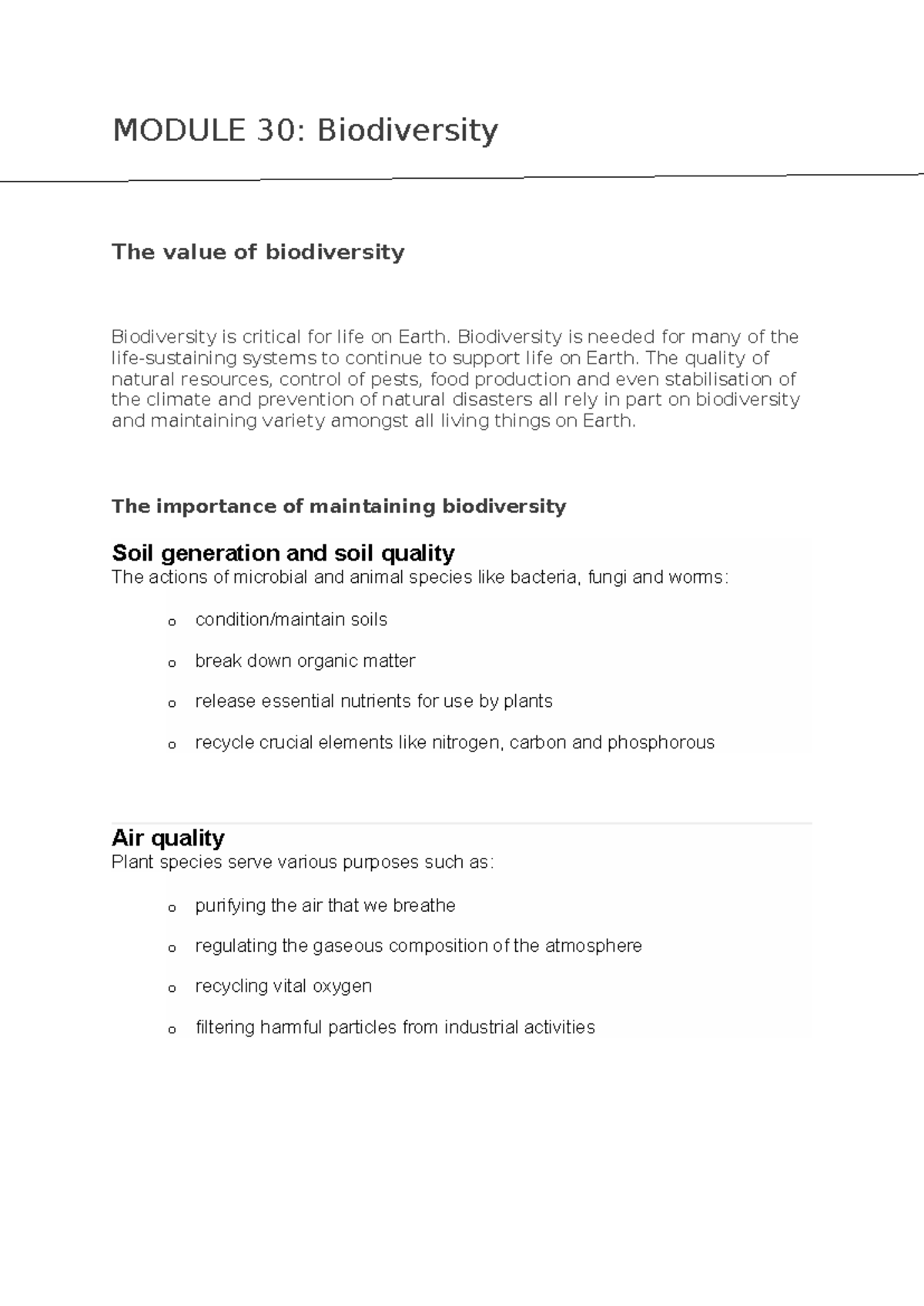 Module 30- Biodiversity - MODULE 30: Biodiversity The value of ...