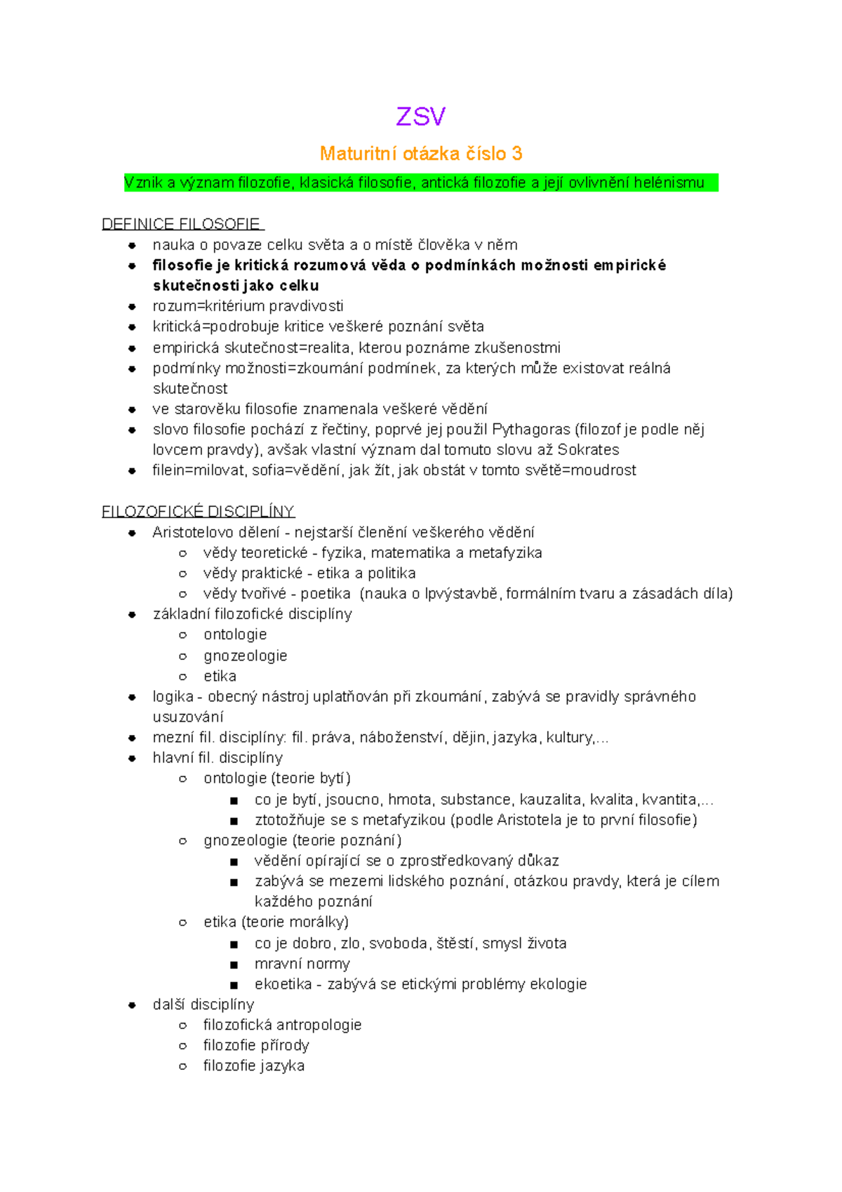 3. Vznik a význam filosofie, klasická filosofie, antická filosofie, helénismus - ZSV Maturitní ...