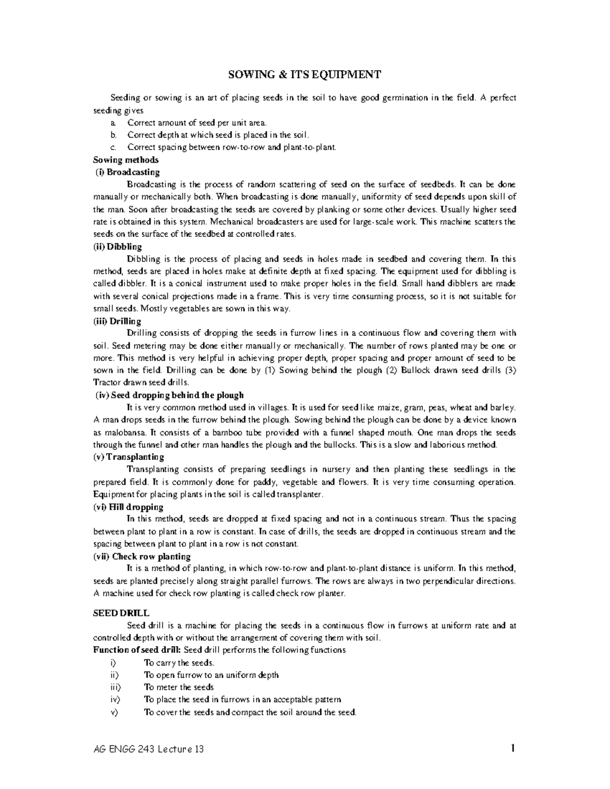 Lecture 13 Sowing equipment - SOWING & ITS EQUIPMENT Seeding or sowing ...