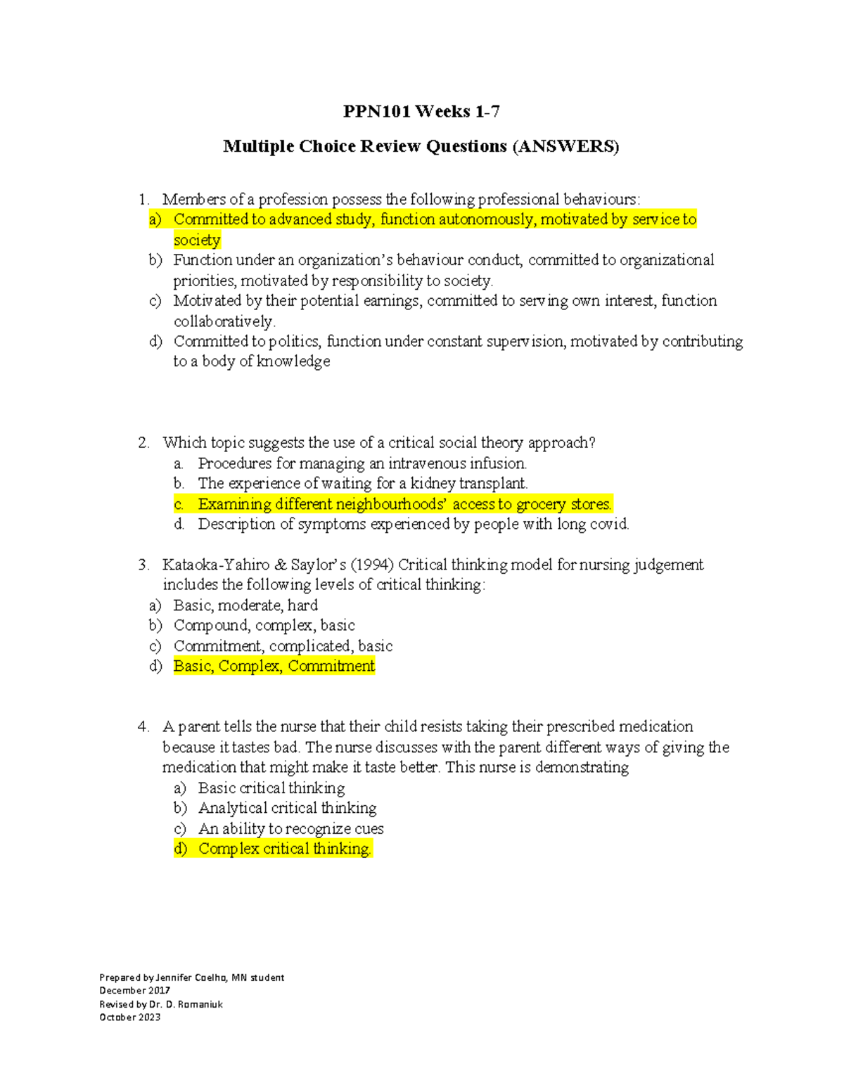 Answers Practice Multiple Choice 2023 Final - Prepared by Jennifer ...