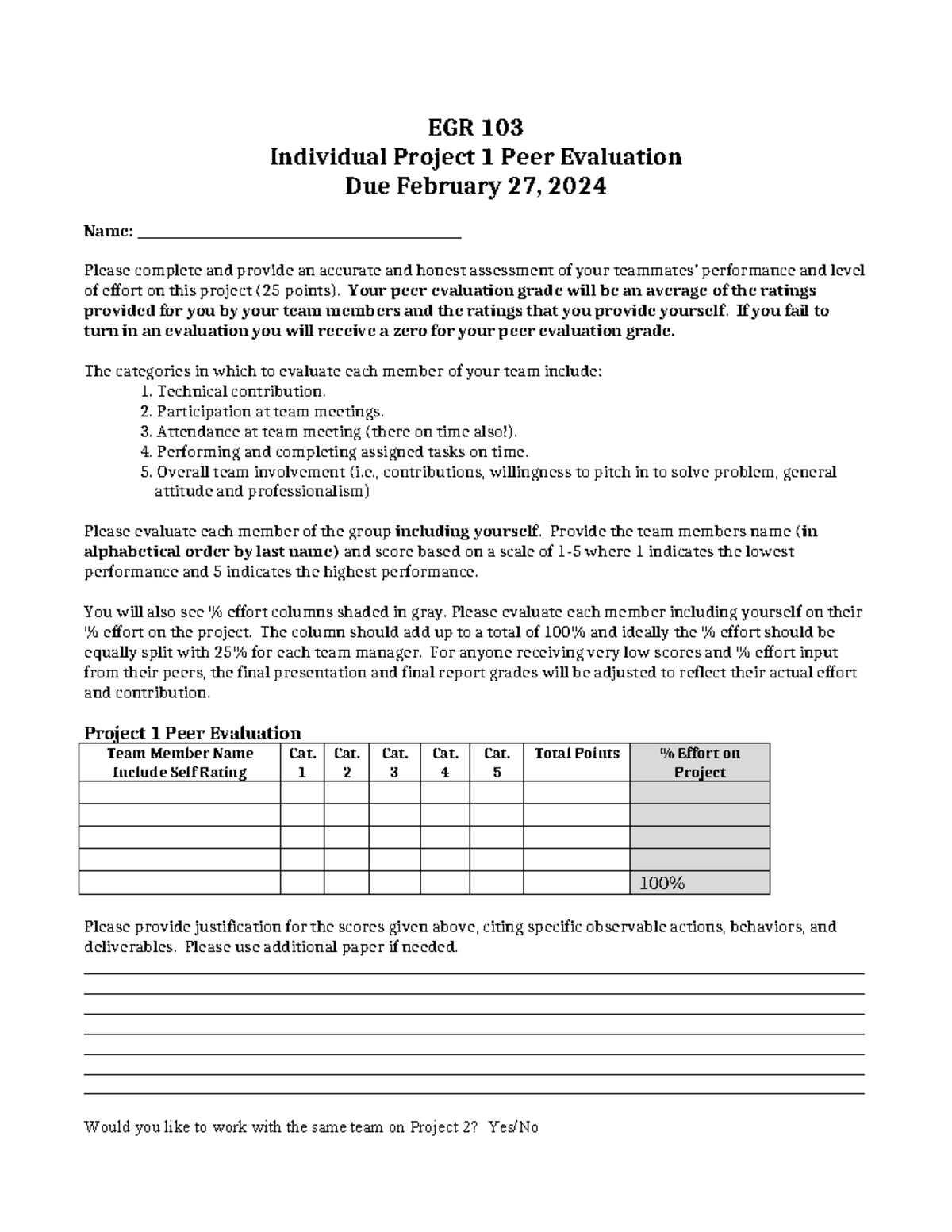 Individual Peer Evaulation for Project 1 Due 022724 - EGR 103 ...