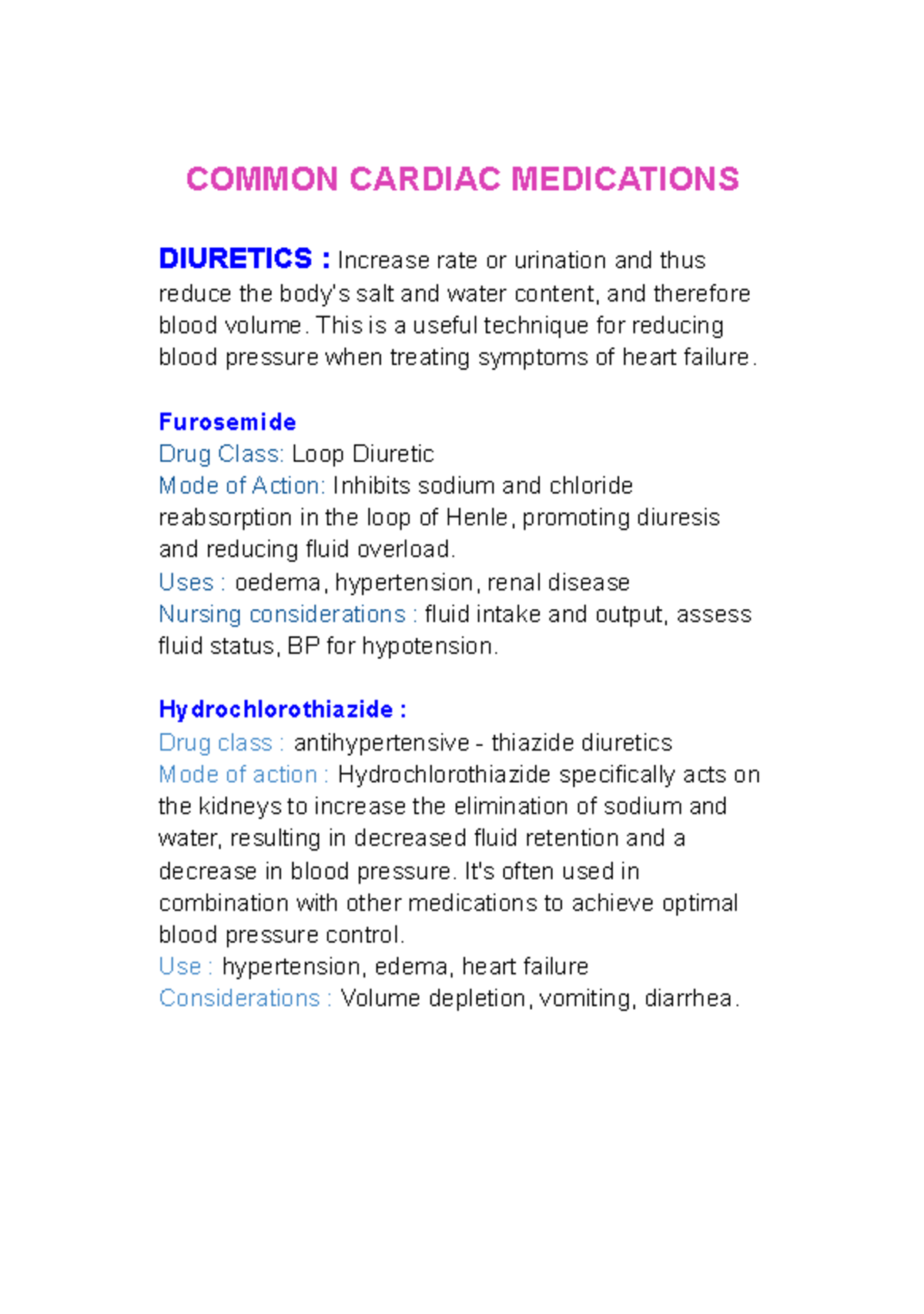 Common cardiac medications - COMMON CARDIAC MEDICATIONS DIURETICS ...