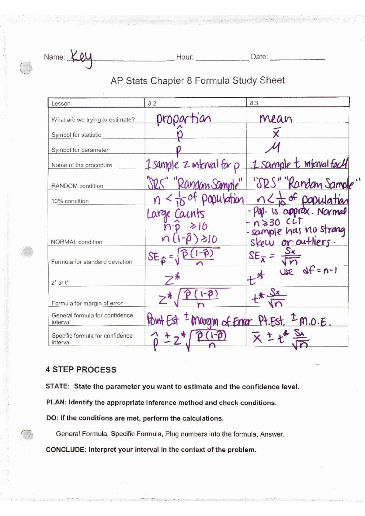 Stats Medic - AP Stats - Chapter 8 Formula Study Sheet - Answer Key ...