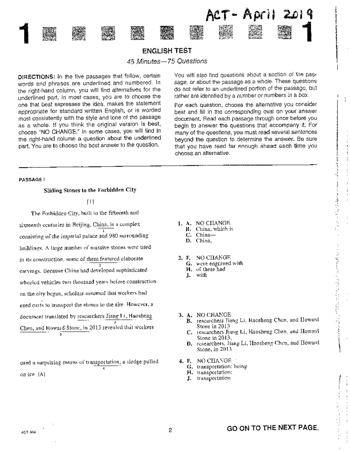 11 - April 2019 ACT - English - ACT April 201 9 ENGLISH TEST 45 ...