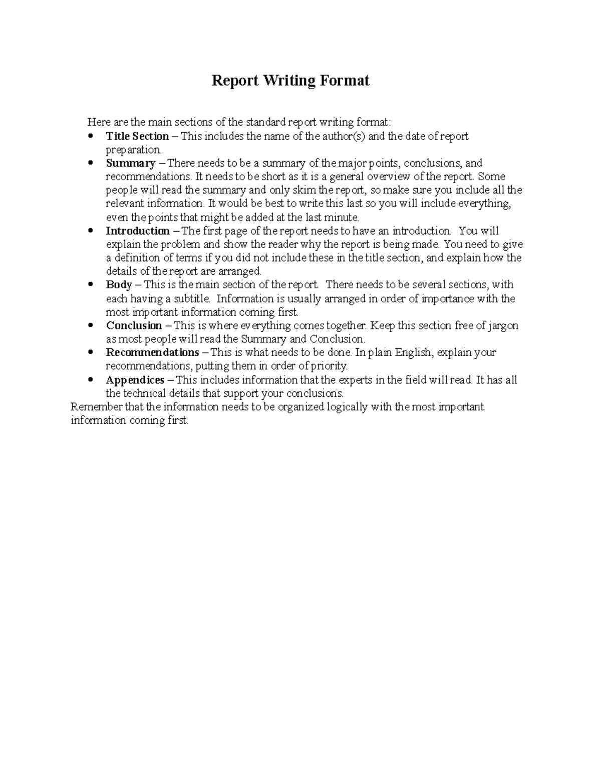 Report Writing Format - Report Writing Format Here are the main ...