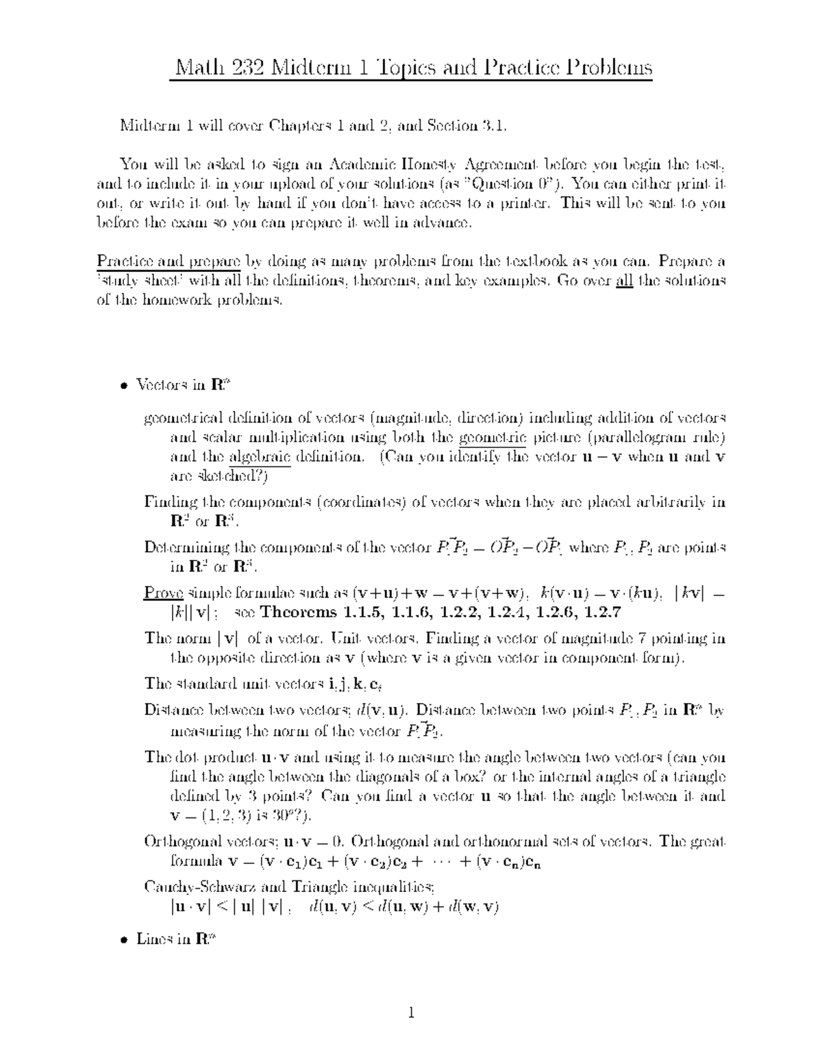 Mid1 summary - jhj - Math 232 Midterm 1 Topics and Practice Problems ...