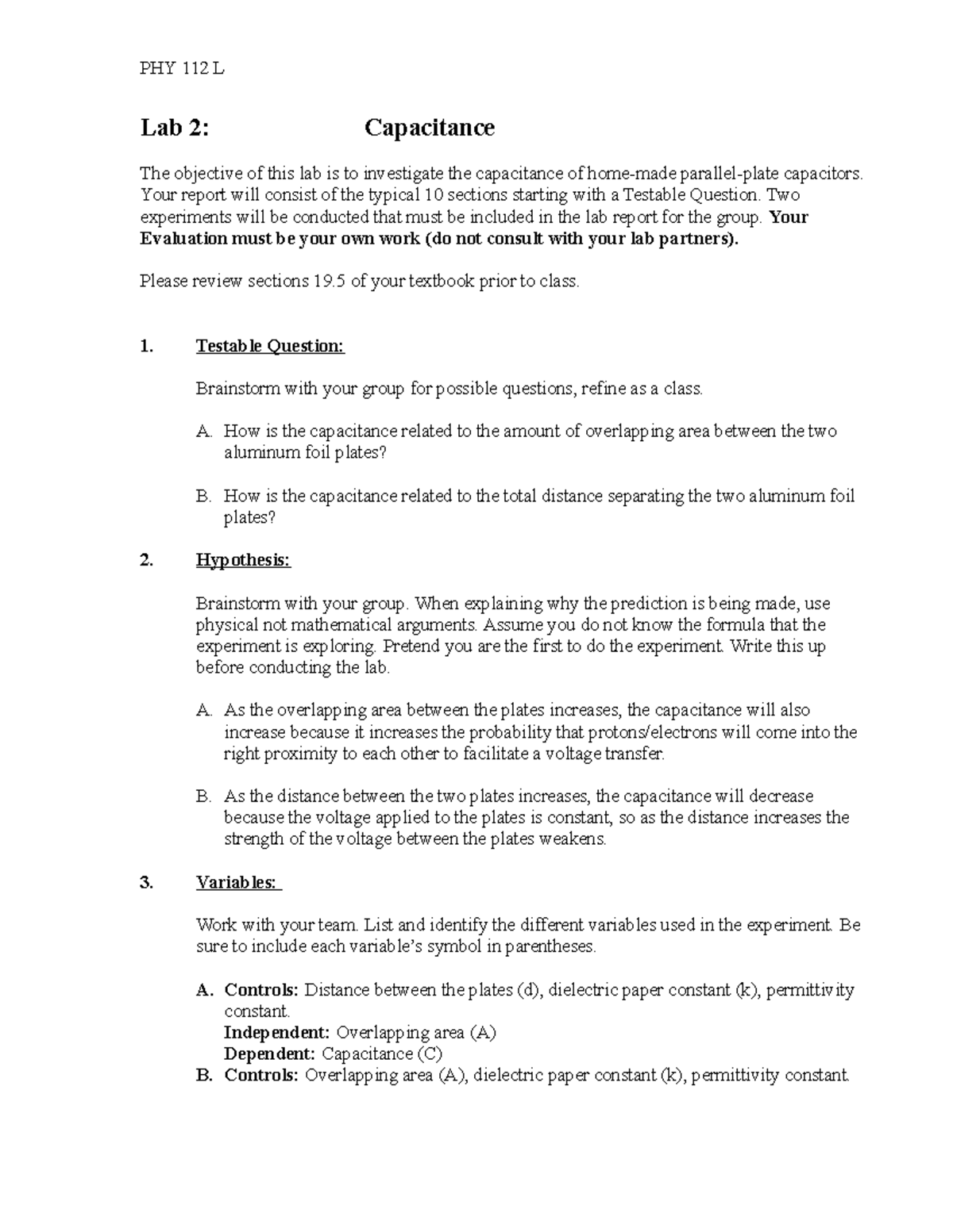 Capacitance Lab Physics Two - Lab 2: Capacitance The objective of this ...