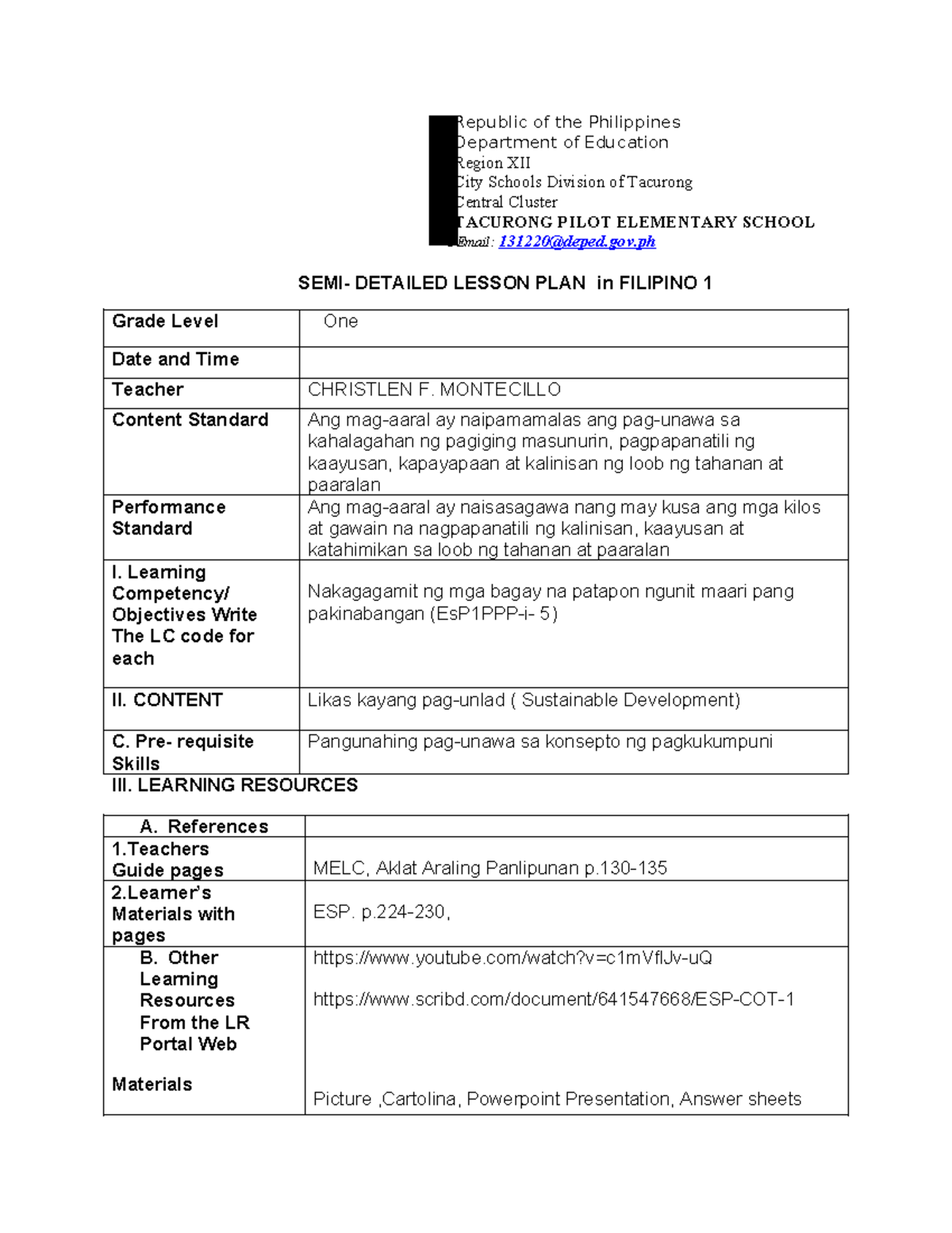 Apan - Republic of the Philippines Department of Education Region XII City Schools Division of ...