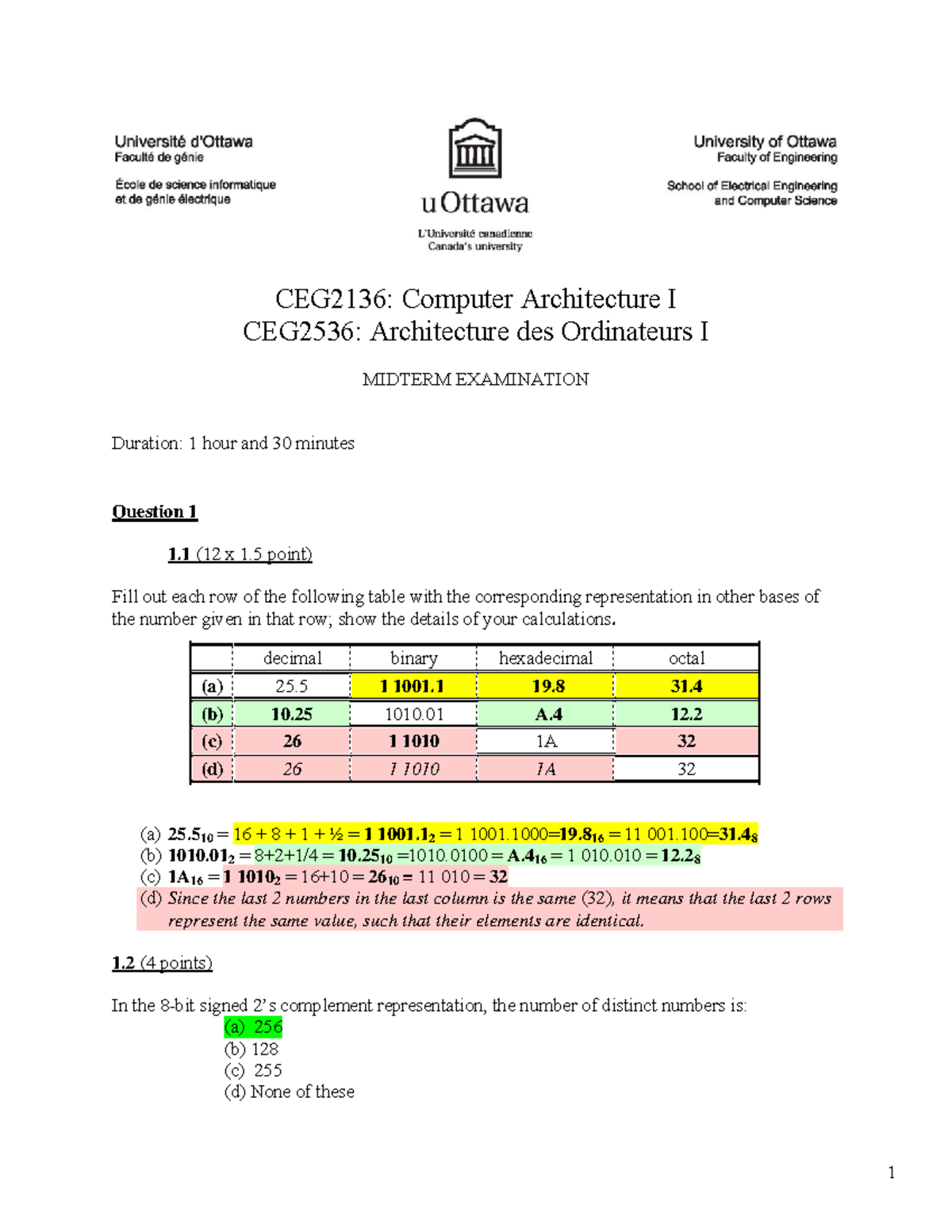Exam 2 October 2017, questions and answers - CEG2136: Computer ...