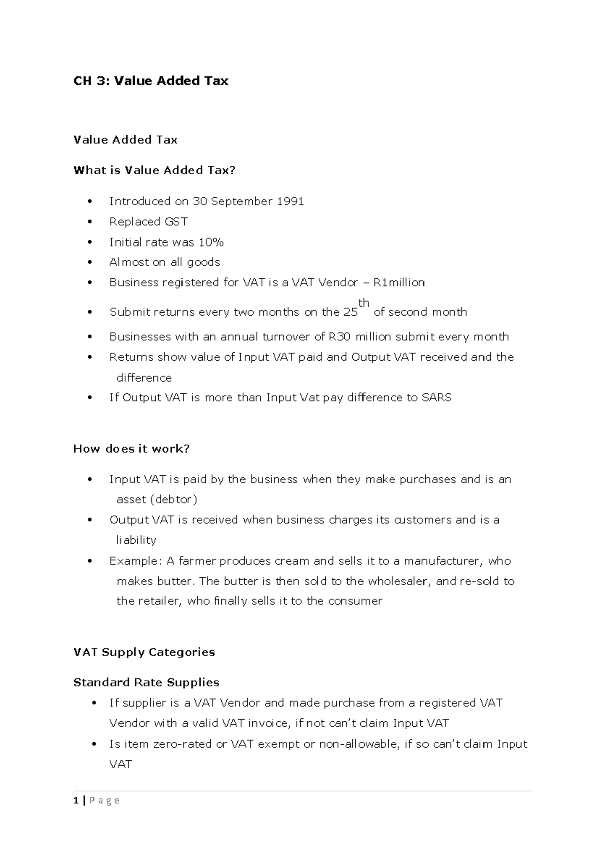 VAT notes summarized from chapter 3 - CH 3: Value Added Tax Value Added ...