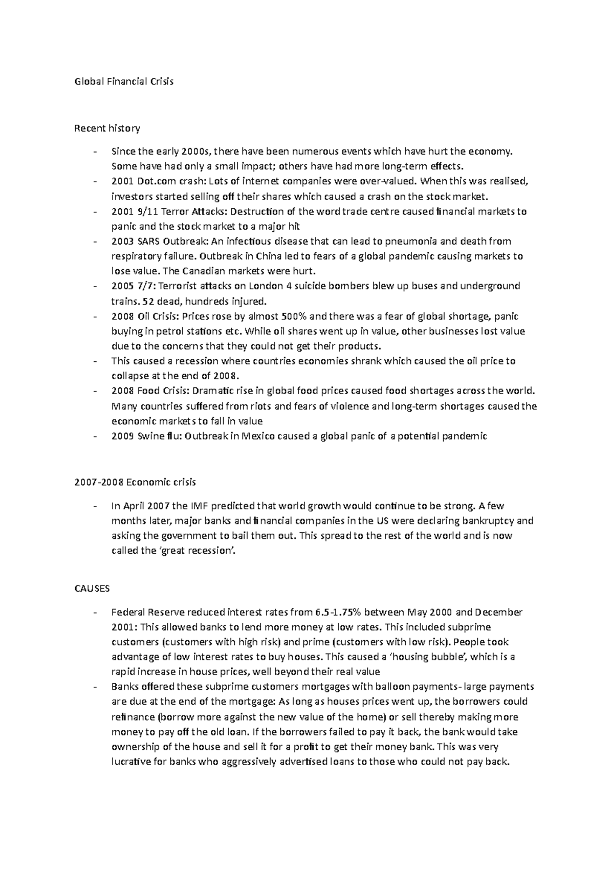 Global Financial Crisis - Global Financial Crisis Recent history Since ...