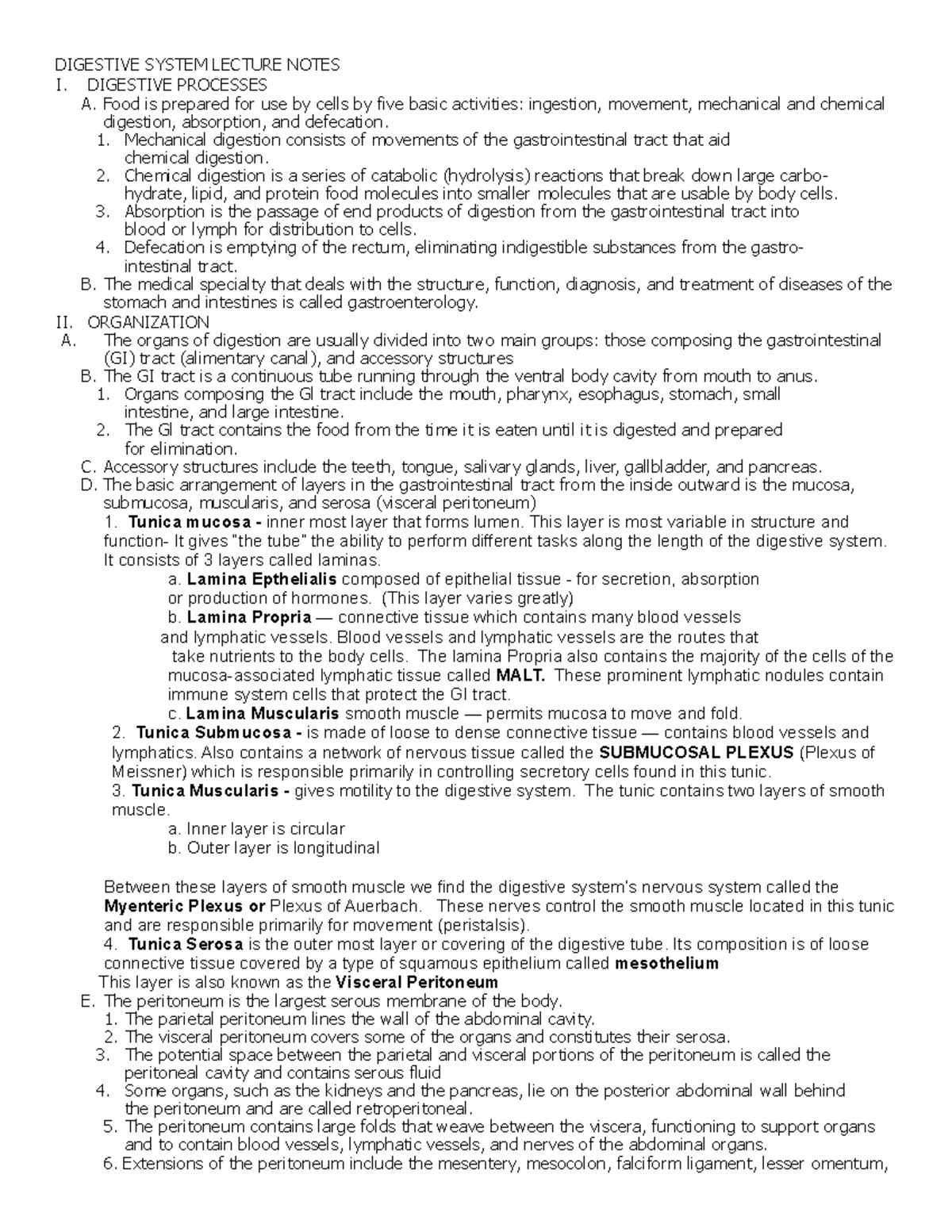Digestive - N/A - DIGESTIVE SYSTEM LECTURE NOTES I. DIGESTIVE PROCESSES ...
