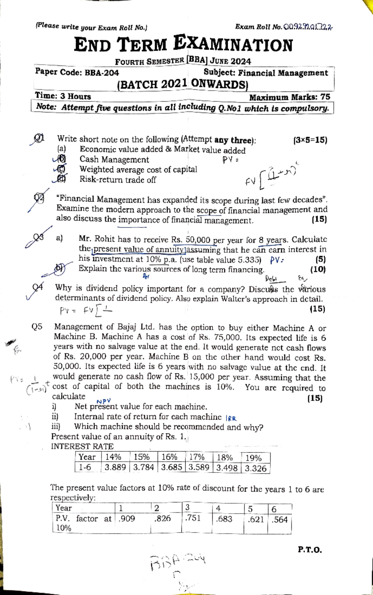 Financial management Question paper - (Please write your Exam Roll No.) Paper Code: BBA- Time: 3 ...