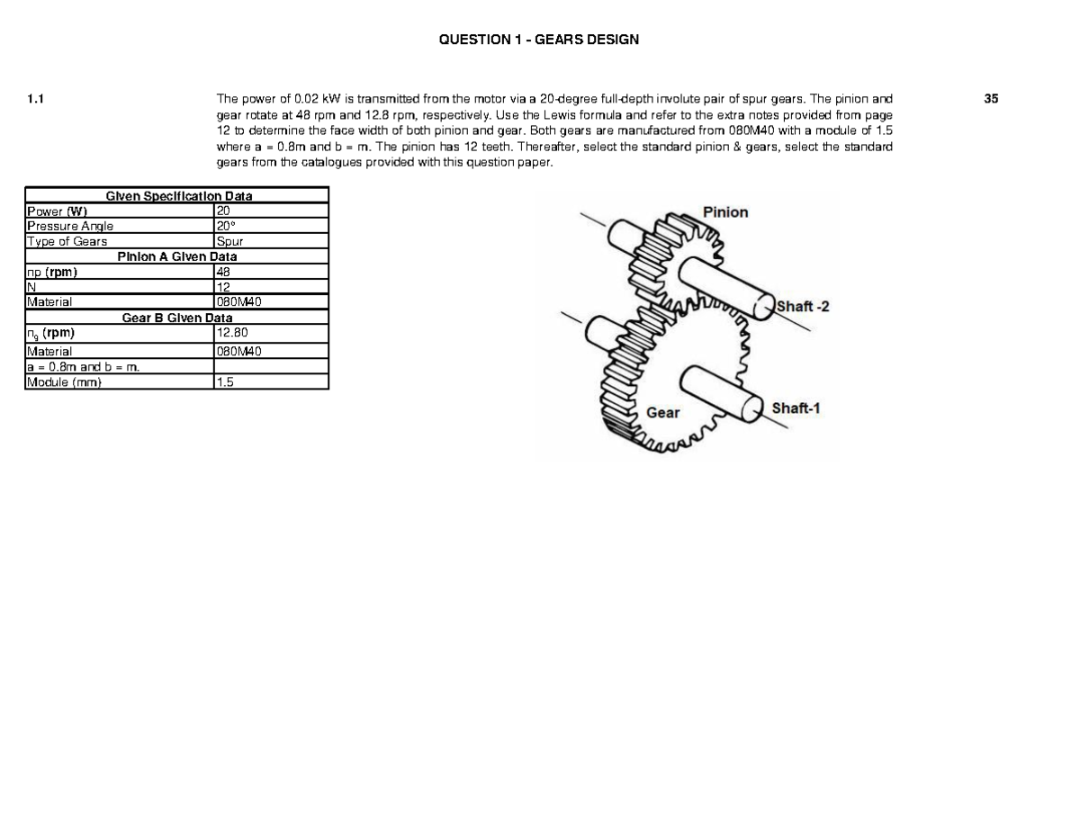 2023 01 MED21A Main Test Memo - QUESTION 1 - GEARS DESIGN 1 35 Power (W ...
