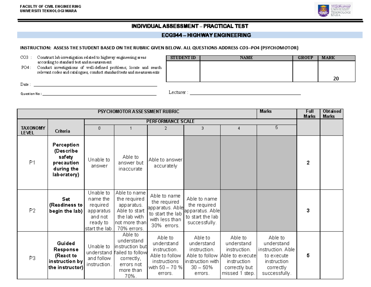Rubric for Practical Test (Psychomotor) ECG344 March 22 - FACULTY OF ...