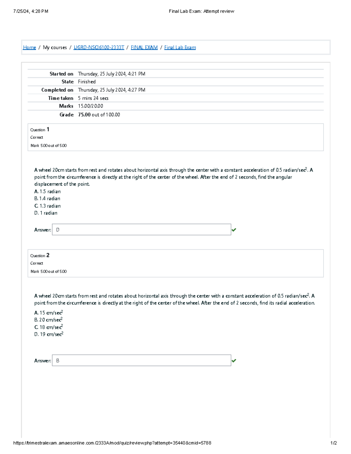 UGRD-NSCI6100 Calculus-Based Physics 1 Final Lab Exam Attempt review - Home / My courses / - Studocu