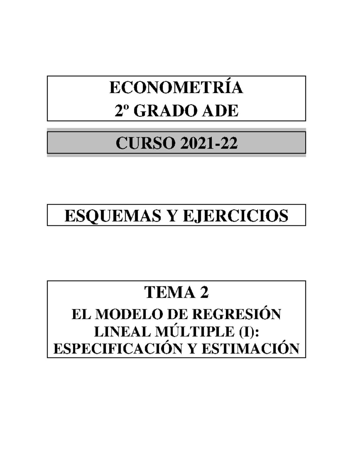 Tema 2 Econometria 2022 ADE - ECONOMETRÍA 2º GRADO ADE CURSO 2021- ESQUEMAS Y EJERCICIOS TEMA 2 ...