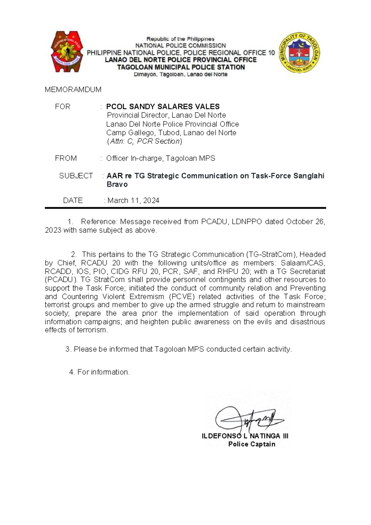 3-11-2024 TG Strategic Communication on Task-Force Sanglahi Bravo ...