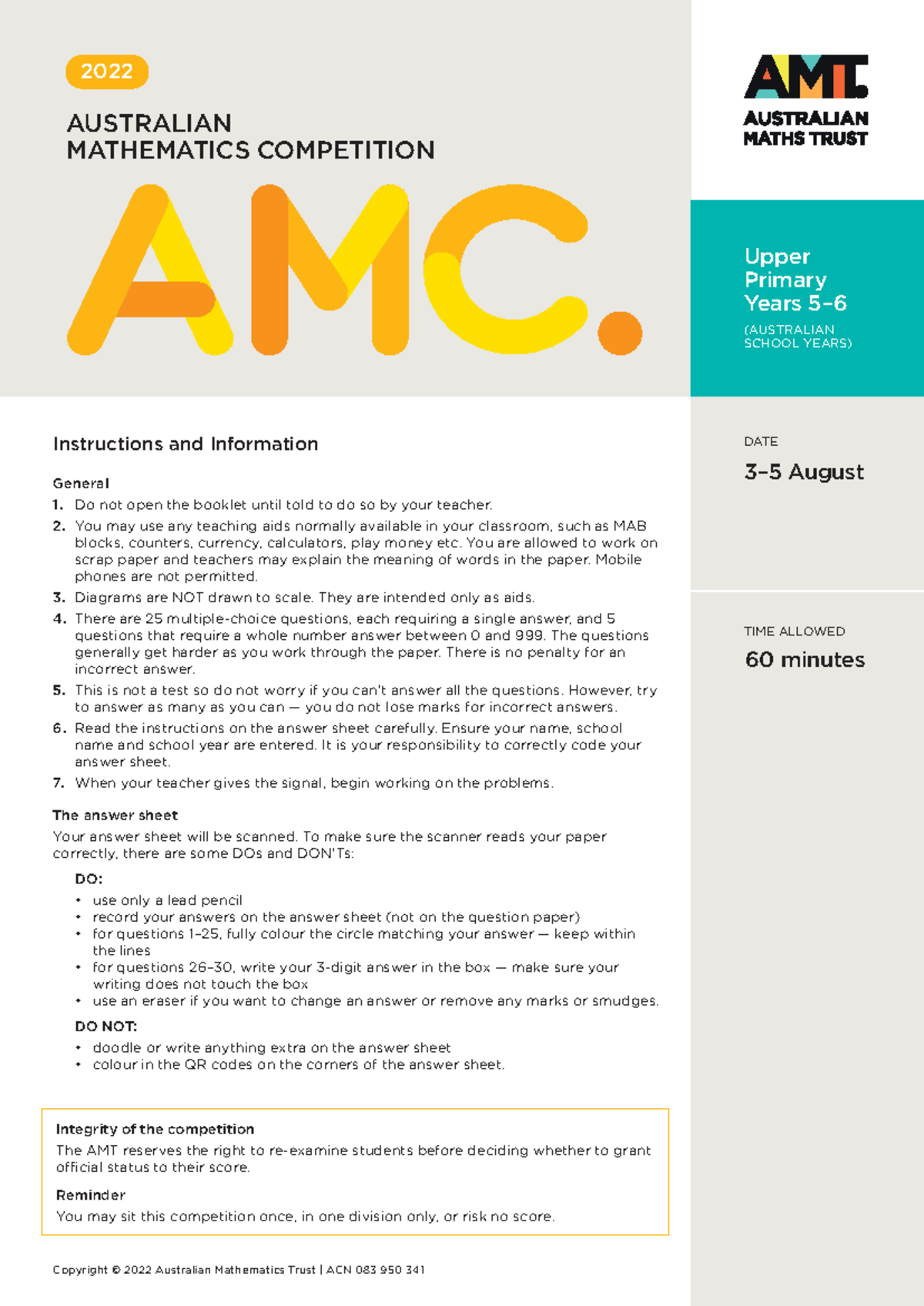 AUSTRALIA MATH COMPETION 2022 UPPER PRIMARY PAST PAPER - 2020 ...