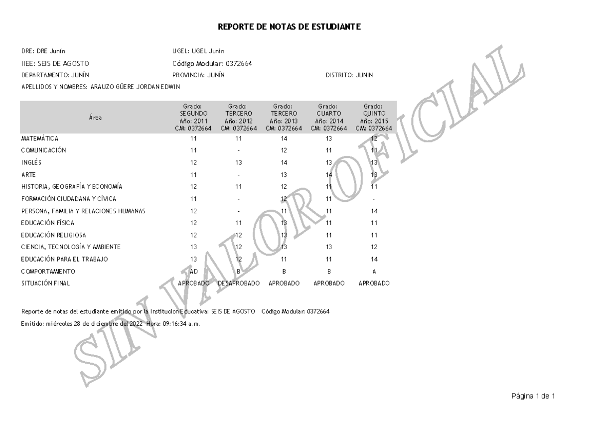 Constancia de Notas de Jordan Arauzo Güere - ÉUHD Grado: SEGUNDO $xR ...