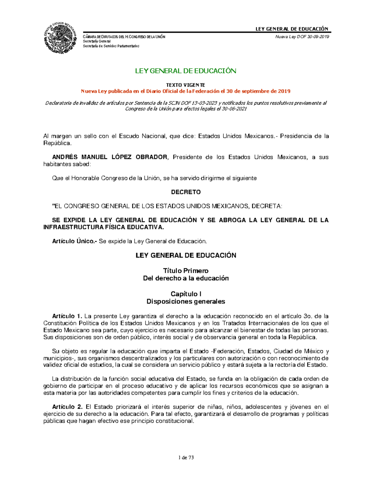 LGE LEY General DE Educacion - CÁMARA DE DIPUTADOS DEL H. CONGRESO DE LA UNIÓN Secretaría ...