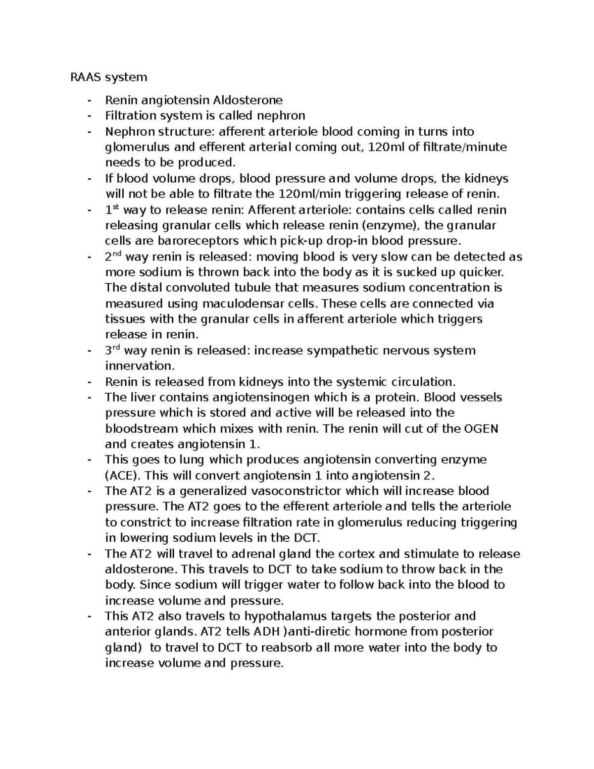 RAAS system - Notes - RAAS system - Renin angiotensin Aldosterone ...