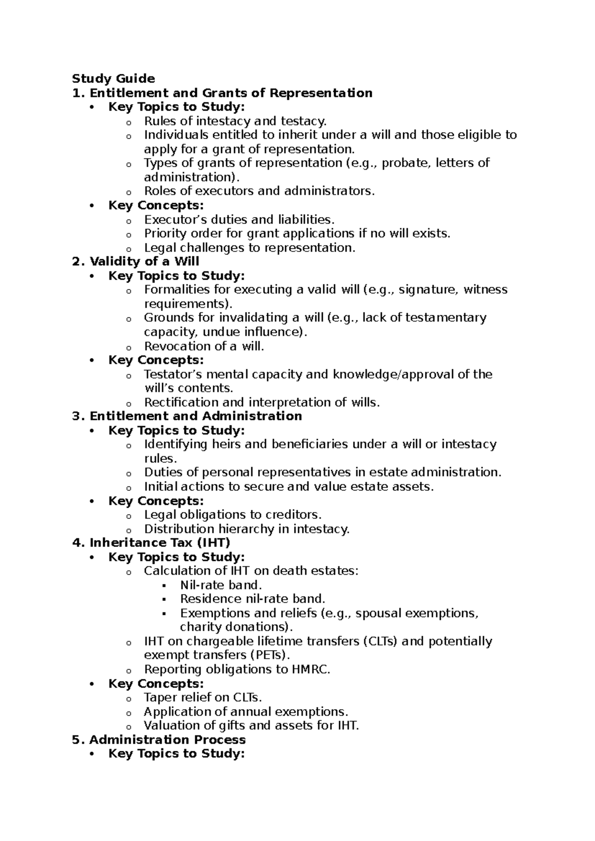 Study Guide - Entitlement and Grants of Representation Key Topics to ...