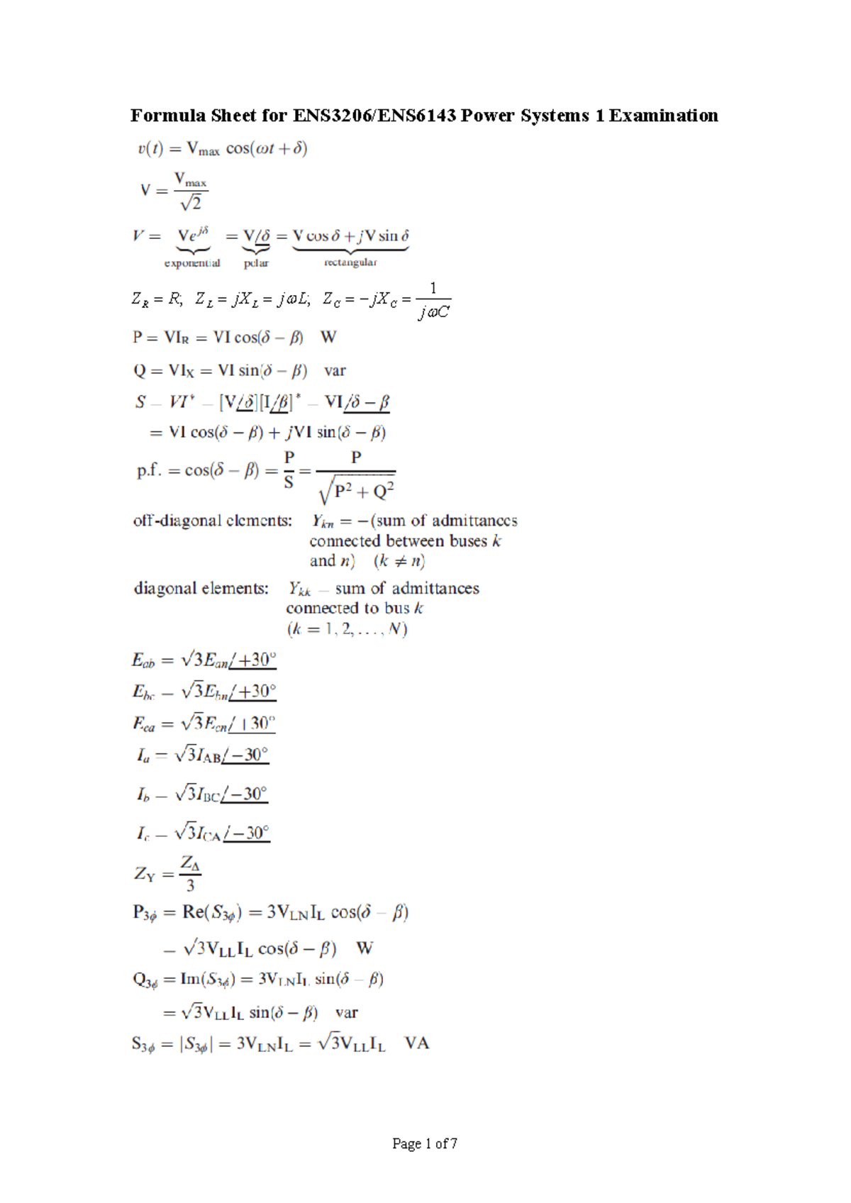 Power Systems 1 Exam Formula Sheet-1 - Formula Sheet for ENS3206 ...