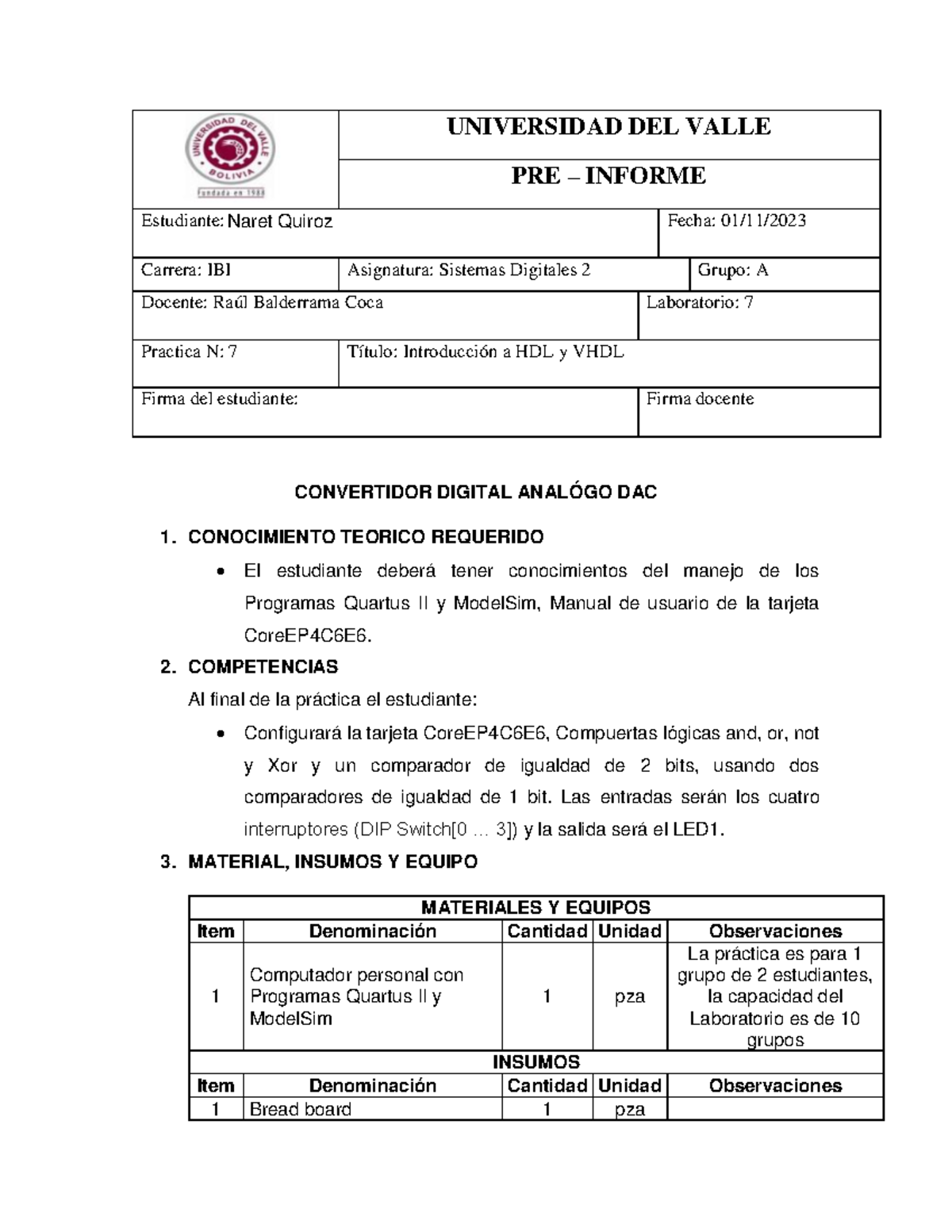 Pre Informe 7 nn - UNIVERSIDAD DEL VALLE PRE – INFORME Estudiante ...