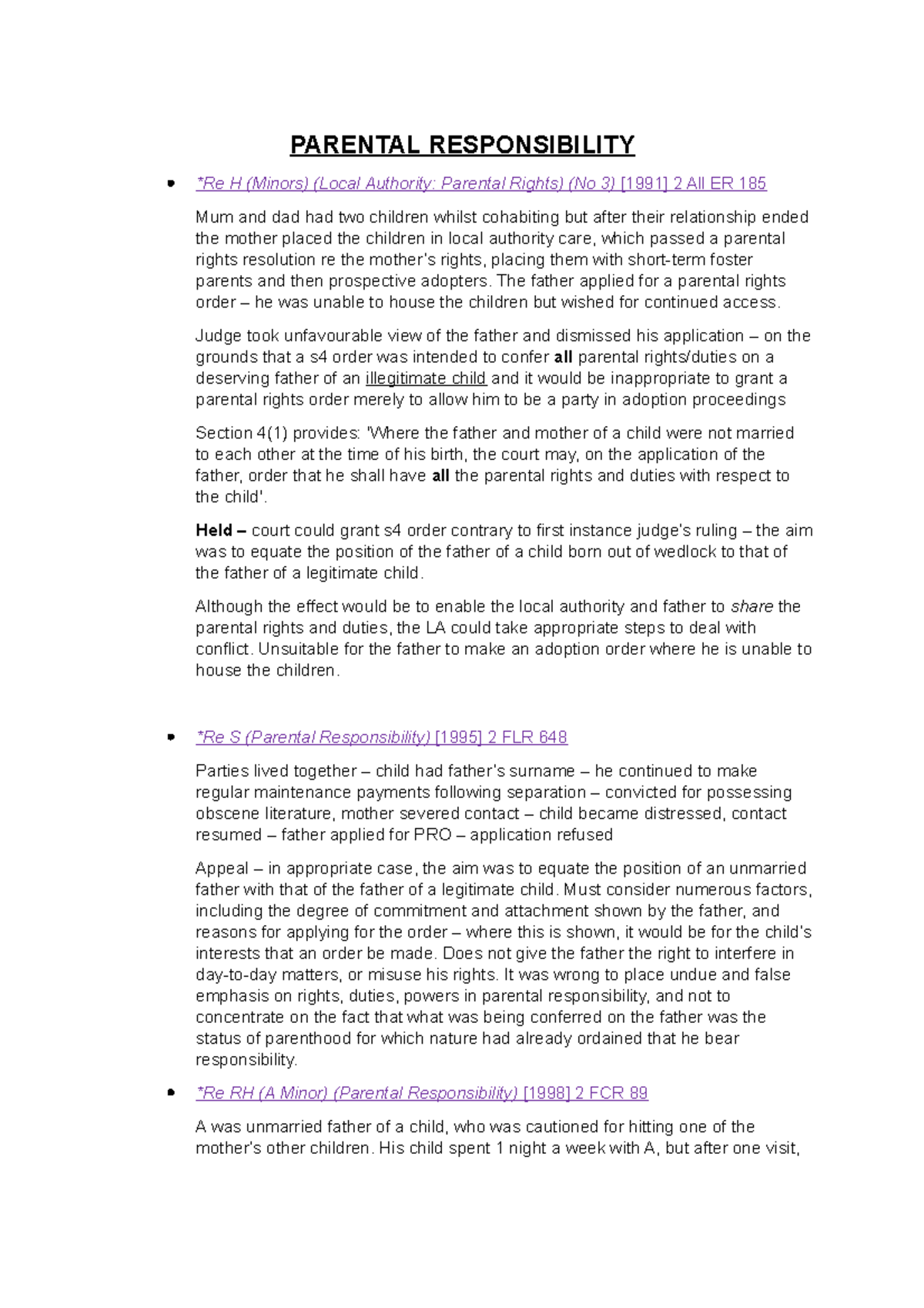 Parental Responsibility - PARENTAL RESPONSIBILITY *Re H (Minors) (Local ...
