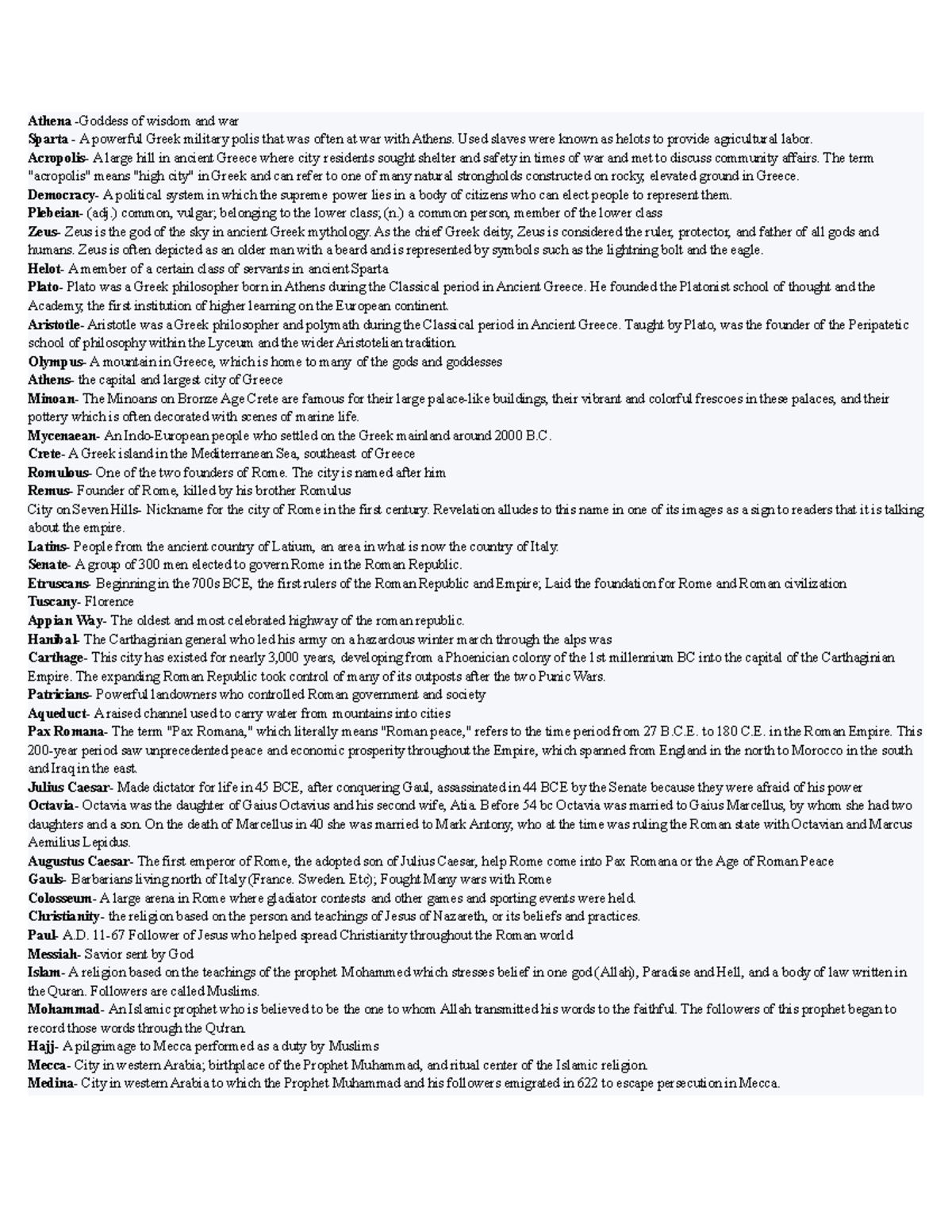 World History Key Terms - Athena -Goddess of wisdom and war Sparta - A ...