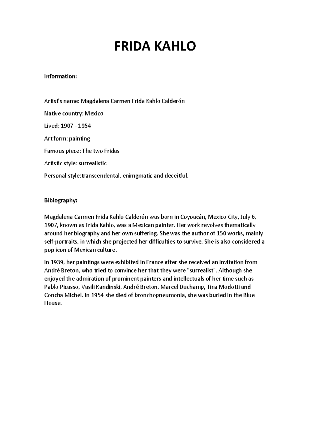 Frida Kahlo - WRITING - FRIDA KAHLO Information: Artist's name ...