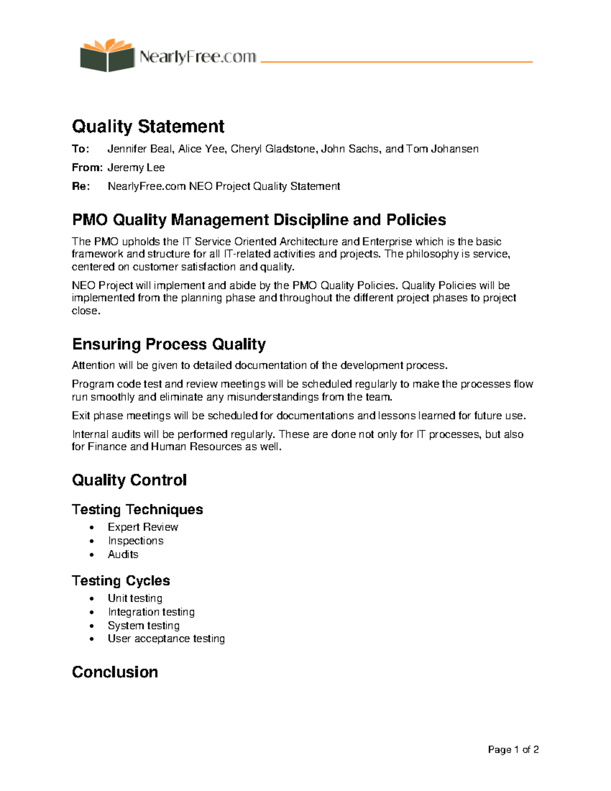 Cf neo quality - Quality Statement To: Jennifer Beal, Alice Yee, Cheryl ...