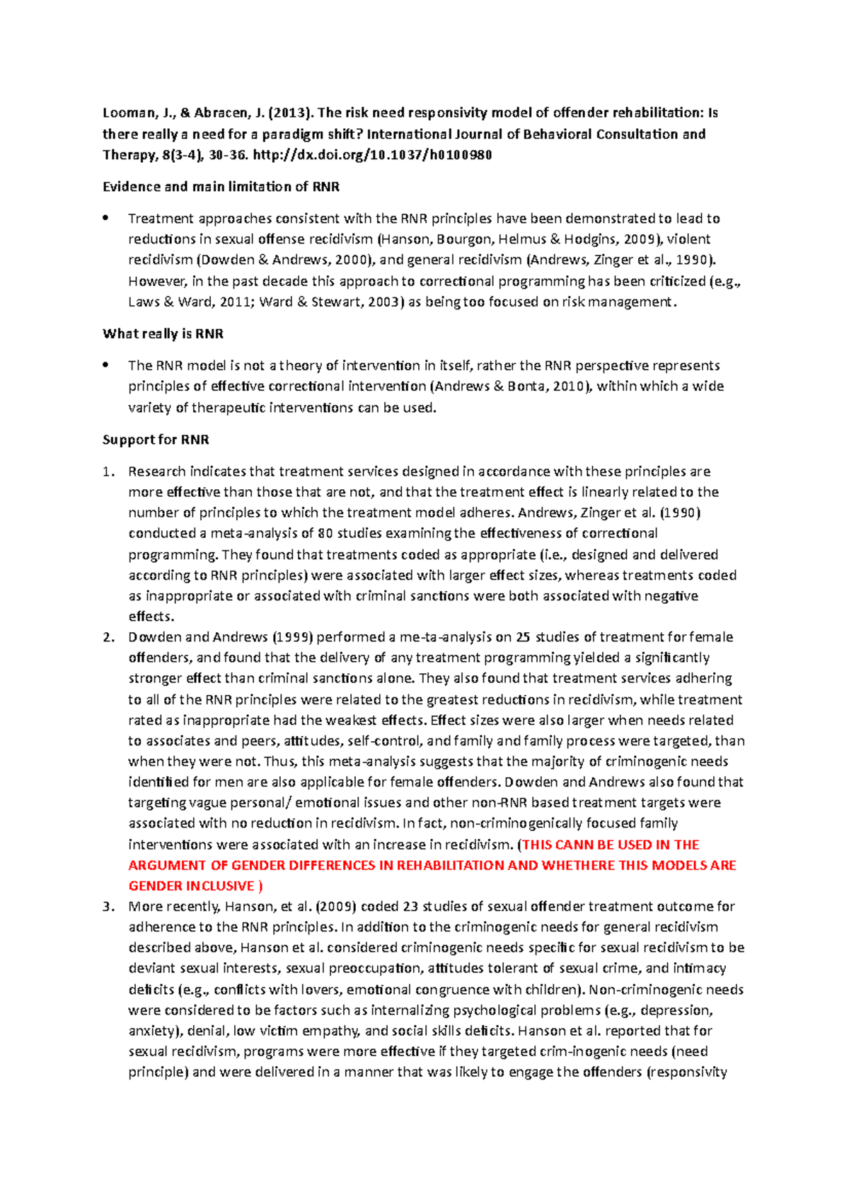 Rough notes 3 - Looman, J., & Abracen, J. (2013). The risk need ...